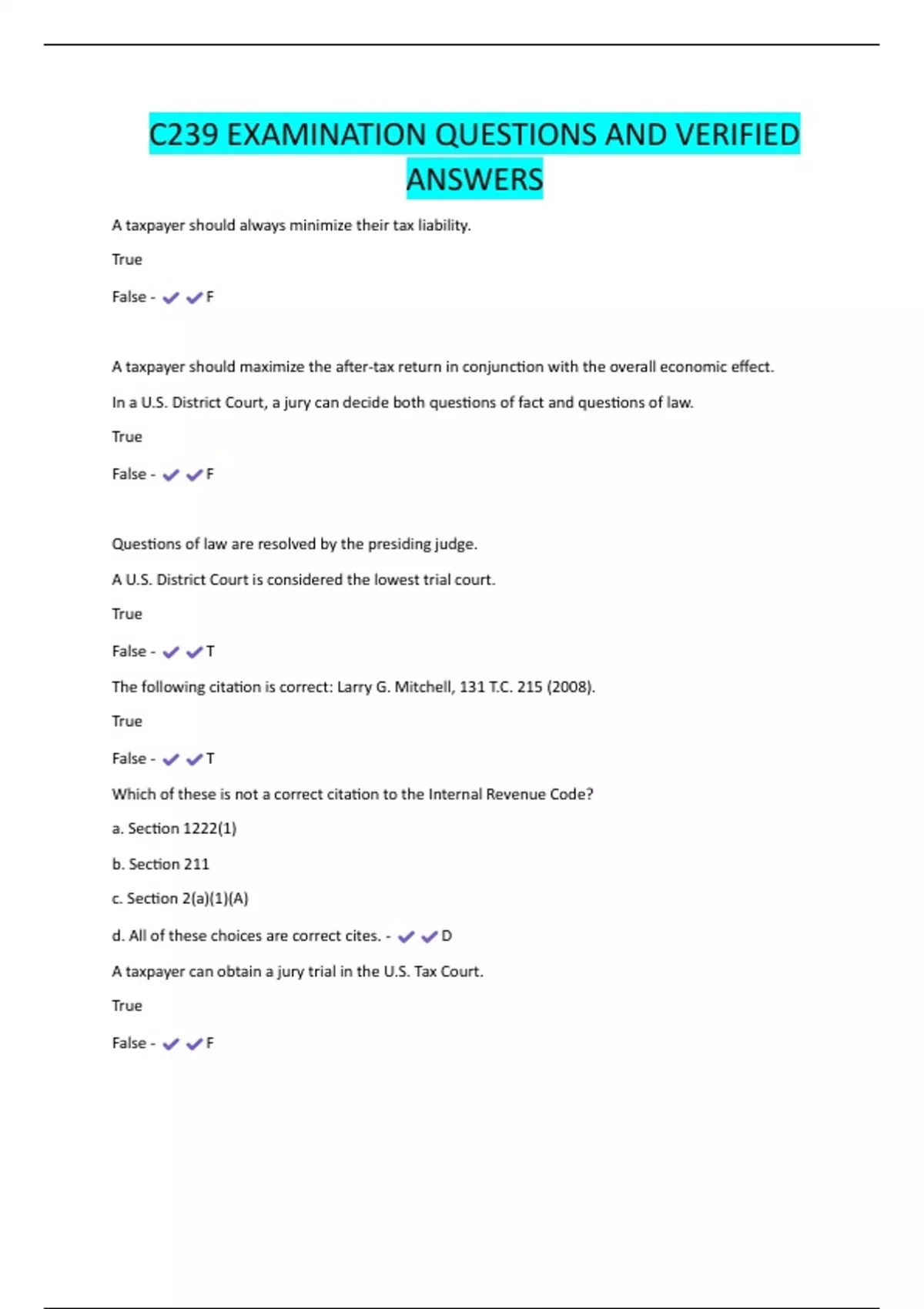 C239 EXAMINATION QUESTIONS AND VERIFIED ANSWERS - C239 - Stuvia US