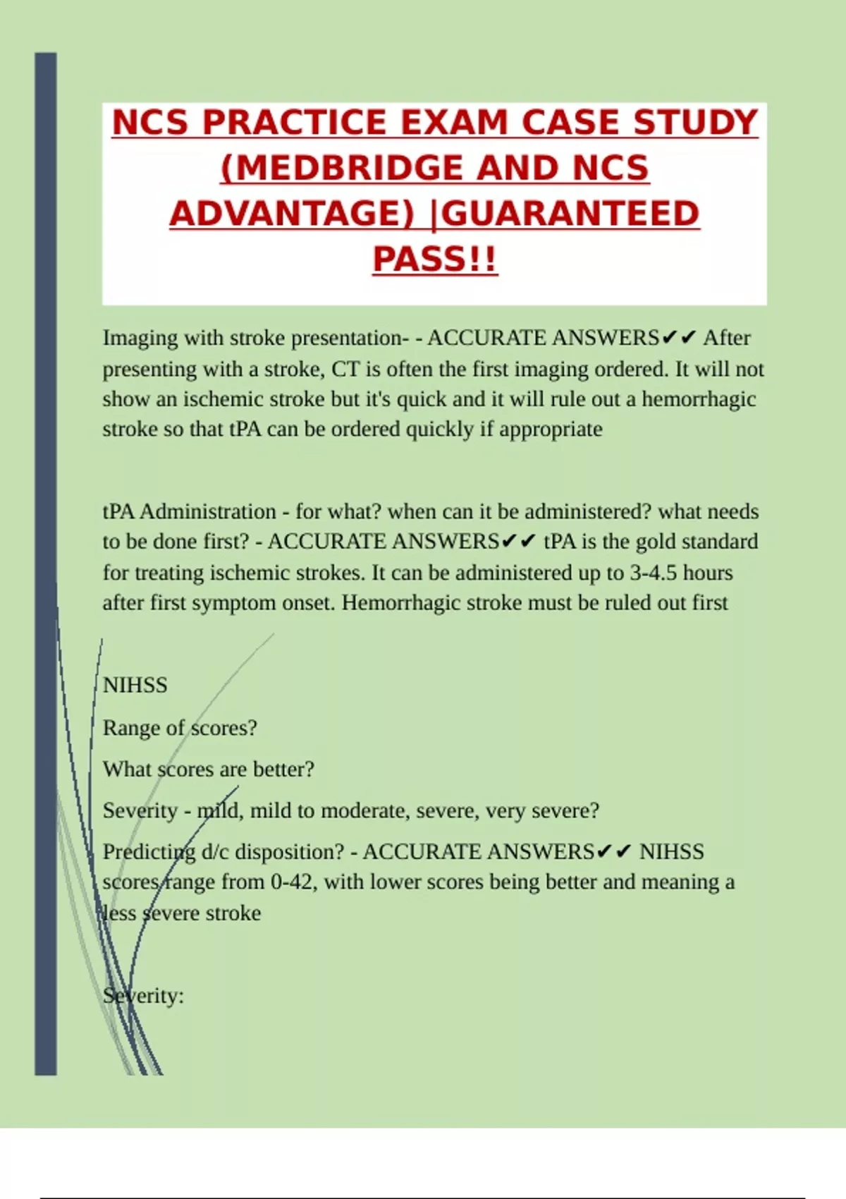 NCS PRACTICE EXAM CASE STUDY (MEDBRIDGE AND NCS ADVANTAGE) |GUARANTEED PASS!! - NCS - Stuvia US
