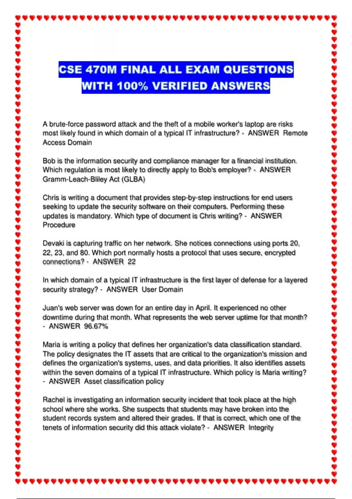 CSE 470M FINAL ALL EXAM QUESTIONS WITH 100% VERIFIED ANSWERS - CSE 470M ...