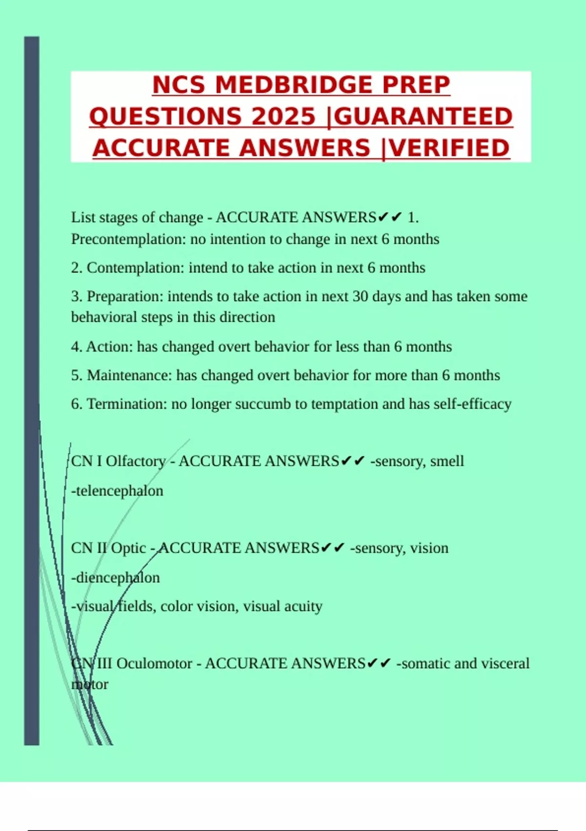 NCS MEDBRIDGE PREP QUESTIONS 2025 |GUARANTEED ACCURATE ANSWERS |VERIFIED - NCS Medbridge - Stuvia US
