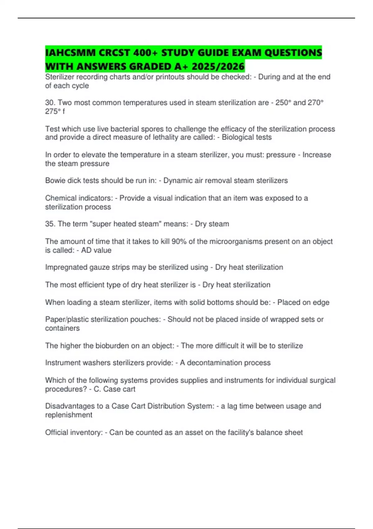 IAHCSMM CRCST 400+ STUDY GUIDE EXAM QUESTIONS WITH ANSWERS GRADED A+ ...