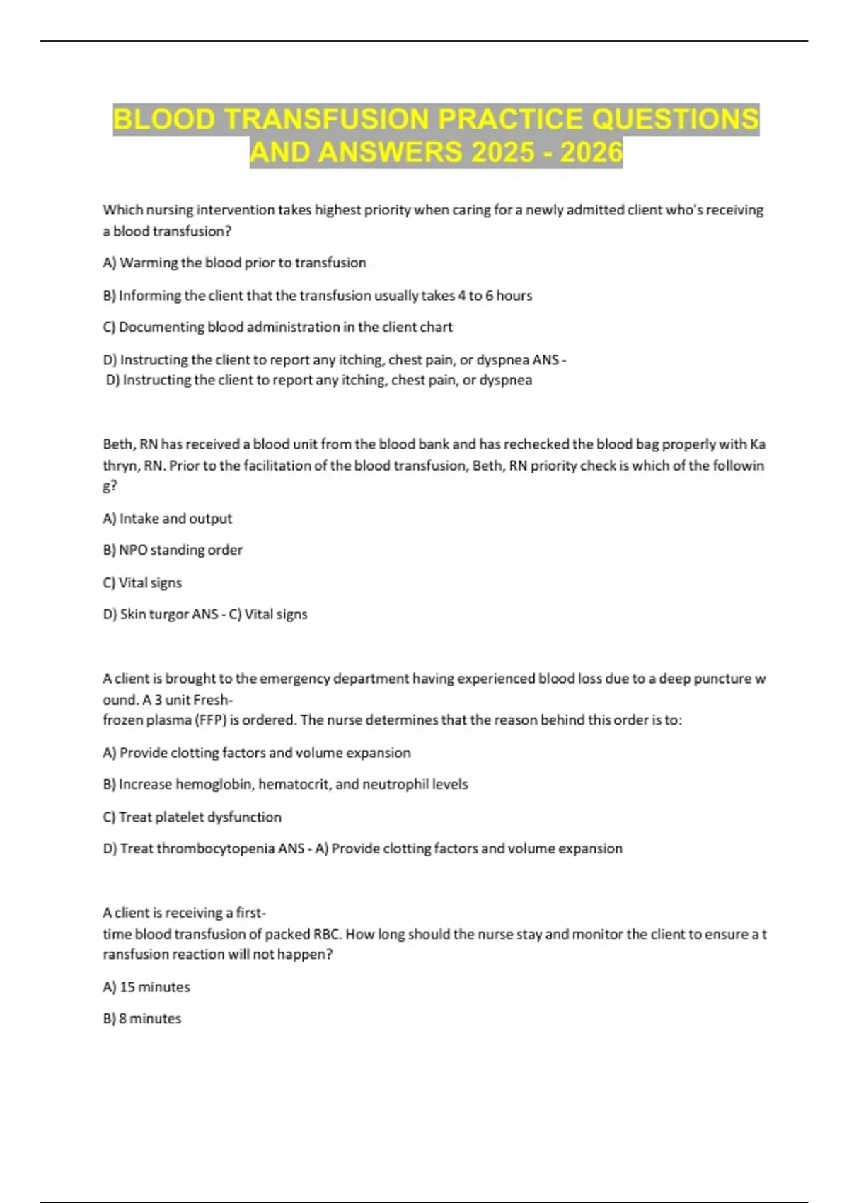 BLOOD TRANSFUSION PRACTICE QUESTIONS AND ANSWERS - Practice RBC 2 ...