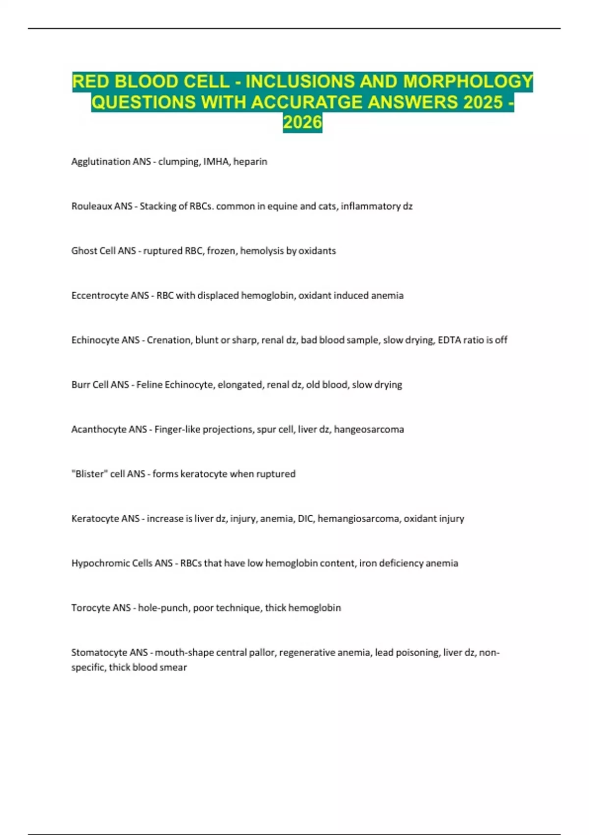 RED BLOOD CELL - INCLUSIONS AND MORPHOLOGY QUESTIONS WITH ACCURATGE ANSWERS - Practice RBC 2 ...