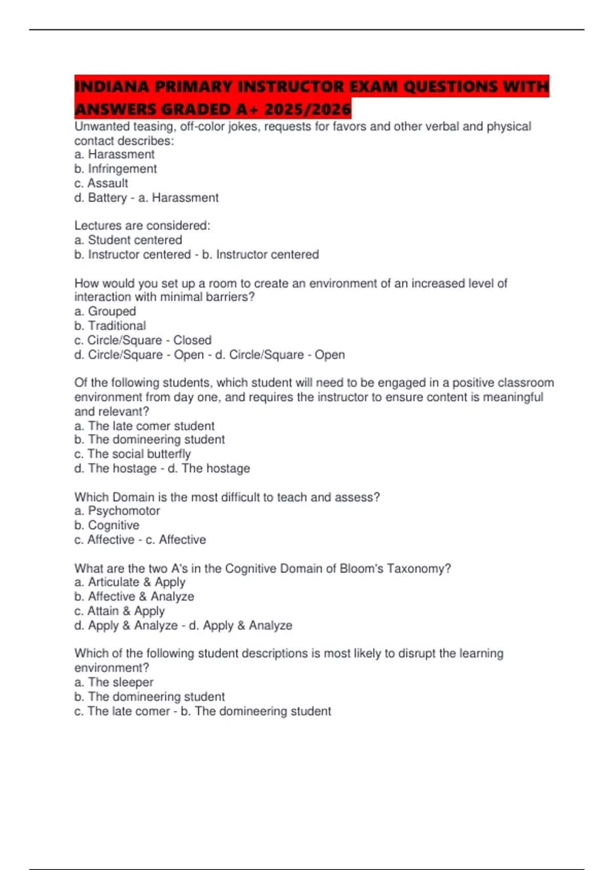 INDIANA PRIMARY INSTRUCTOR EXAM QUESTIONS WITH ANSWERS GRADED A+ 2025/ ...