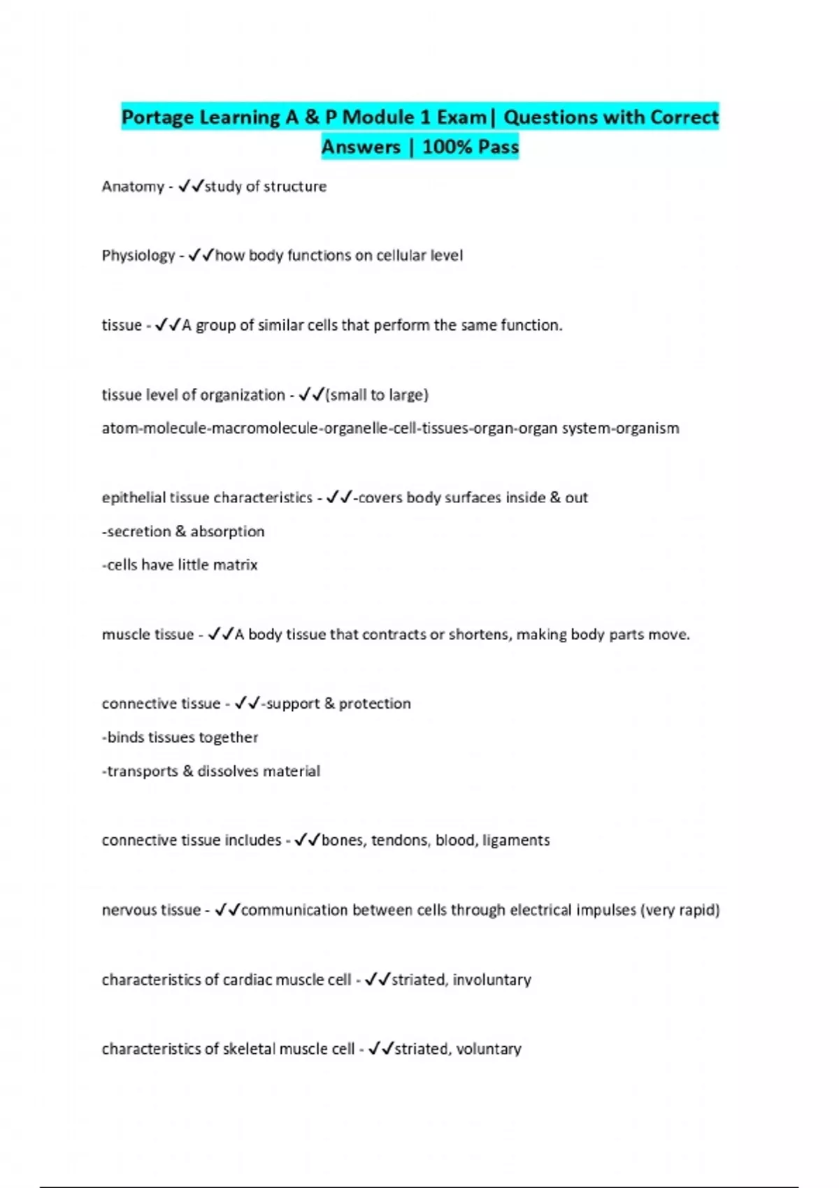 Portage Learning A & P Module 1 Exam| Questions with Correct Answers ...
