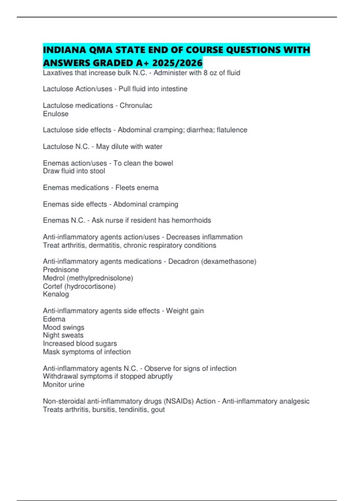 INDIANA QMA STATE END OF COURSE QUESTIONS WITH ANSWERS GRADED A+ 2025/ ...