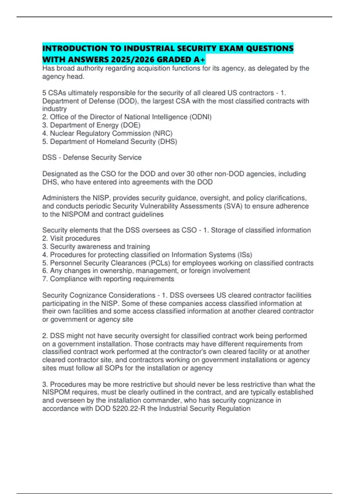 INTRODUCTION TO INDUSTRIAL SECURITY EXAM QUESTIONS WITH ANSWERS 2025/ ...