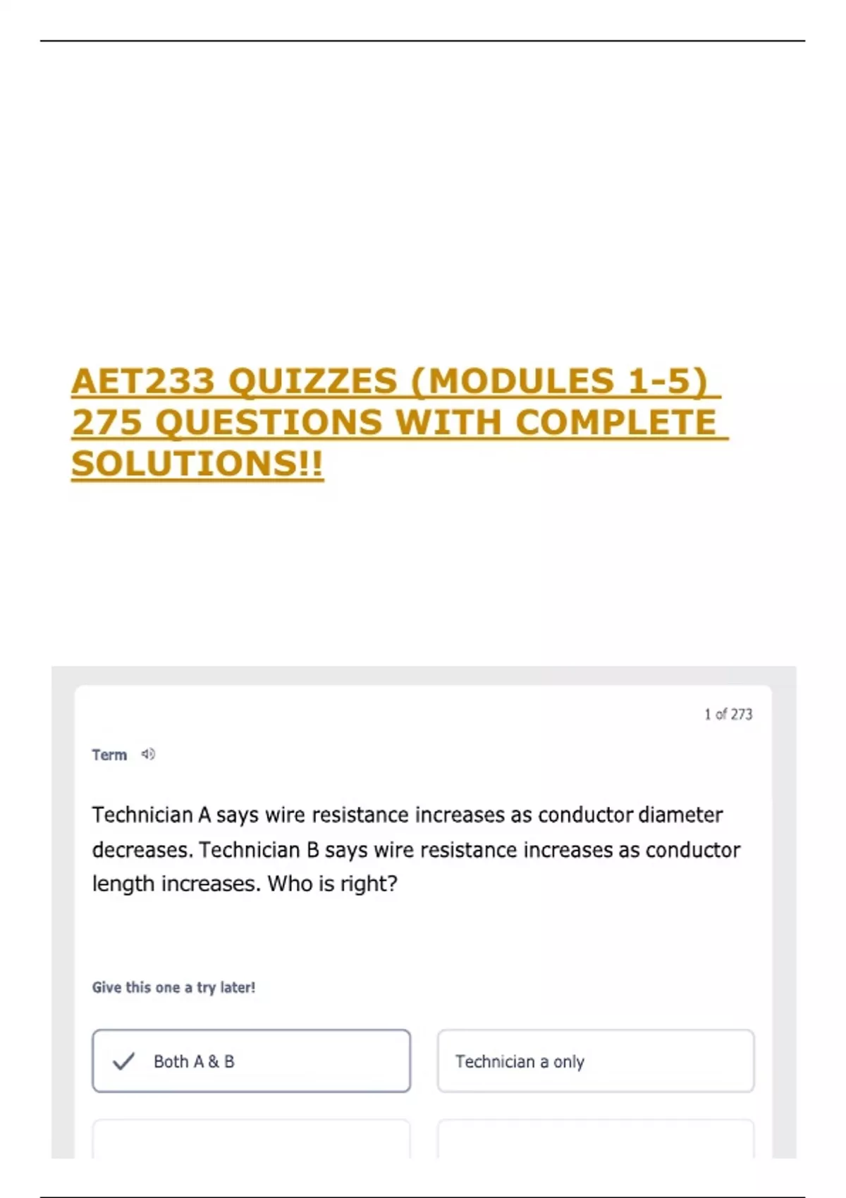 AET233 QUIZZES (MODULES 1-5) 275 QUESTIONS WITH COMPLETE SOLUTIONS!! - AET 233 - Stuvia US