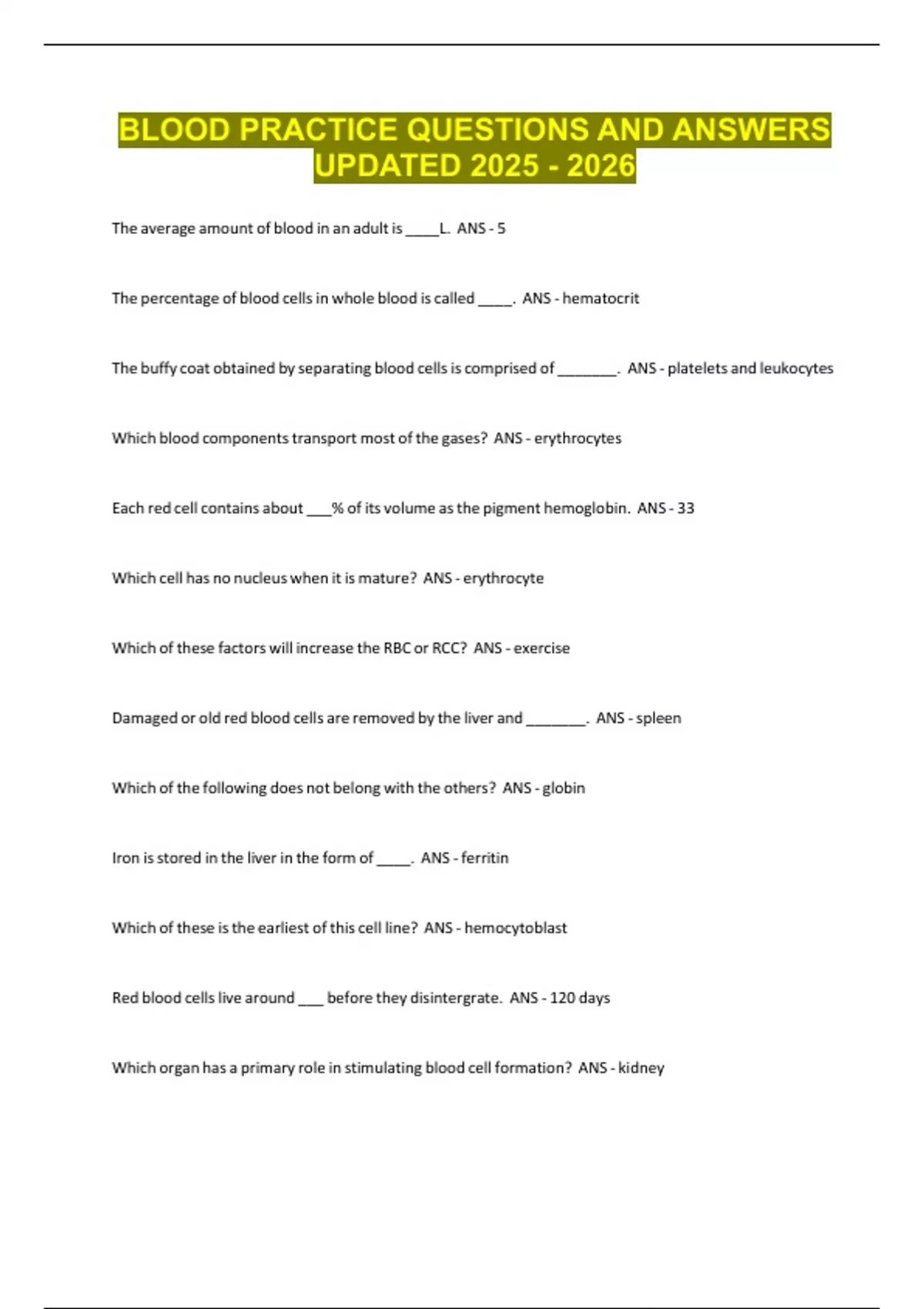BLOOD PRACTICE QUESTIONS AND ANSWERS UPDATED - Practice RBC 2 - Stuvia US