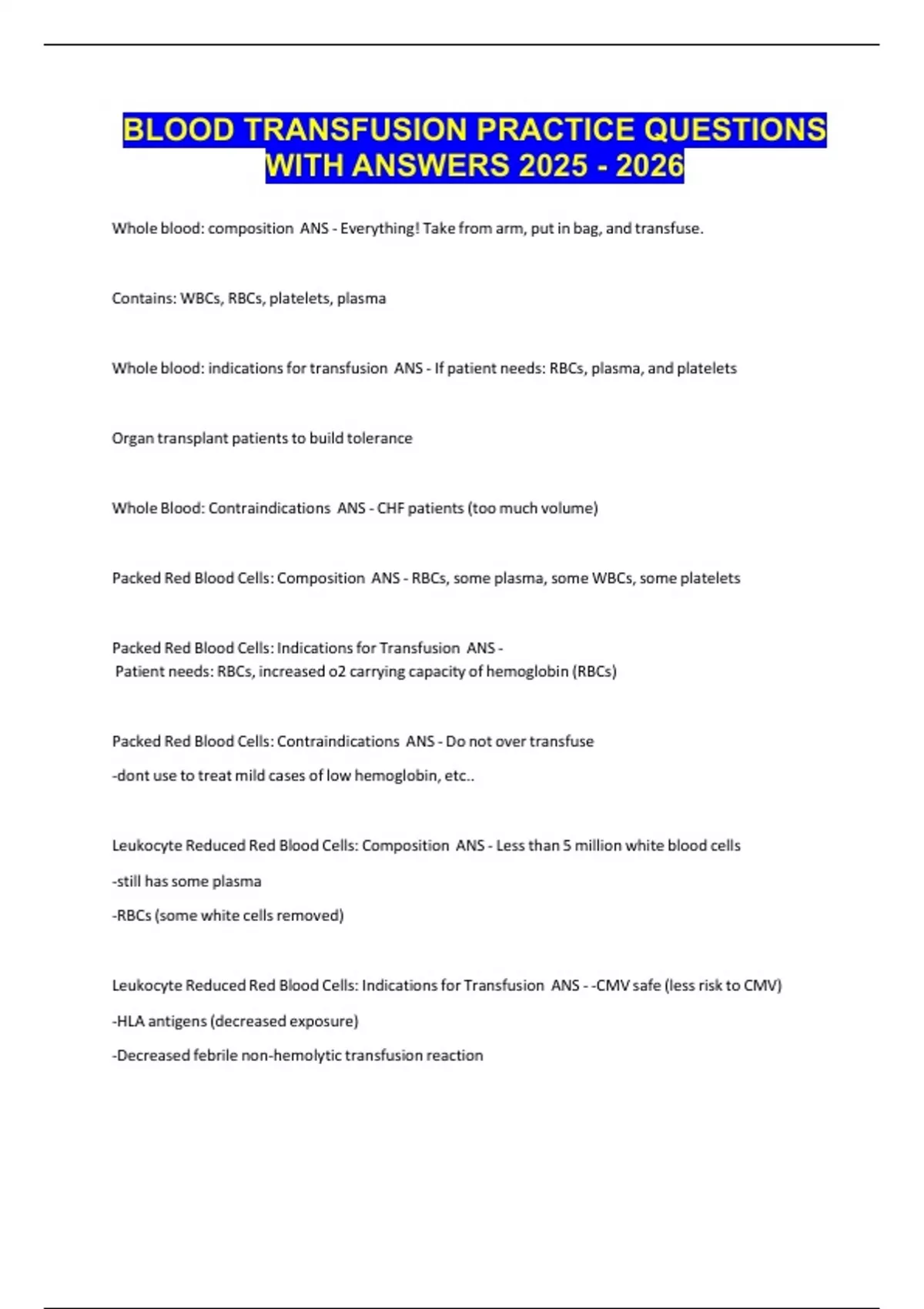 BLOOD TRANSFUSION PRACTICE QUESTIONS WITH ANSWERS - Practice RBC 2 ...