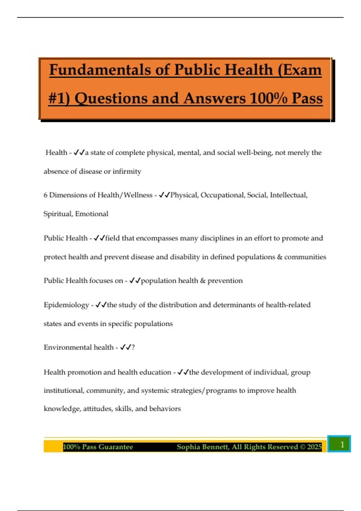 Fundamentals of Public Health (Exam #1) Questions and Answers 100% Pass ...