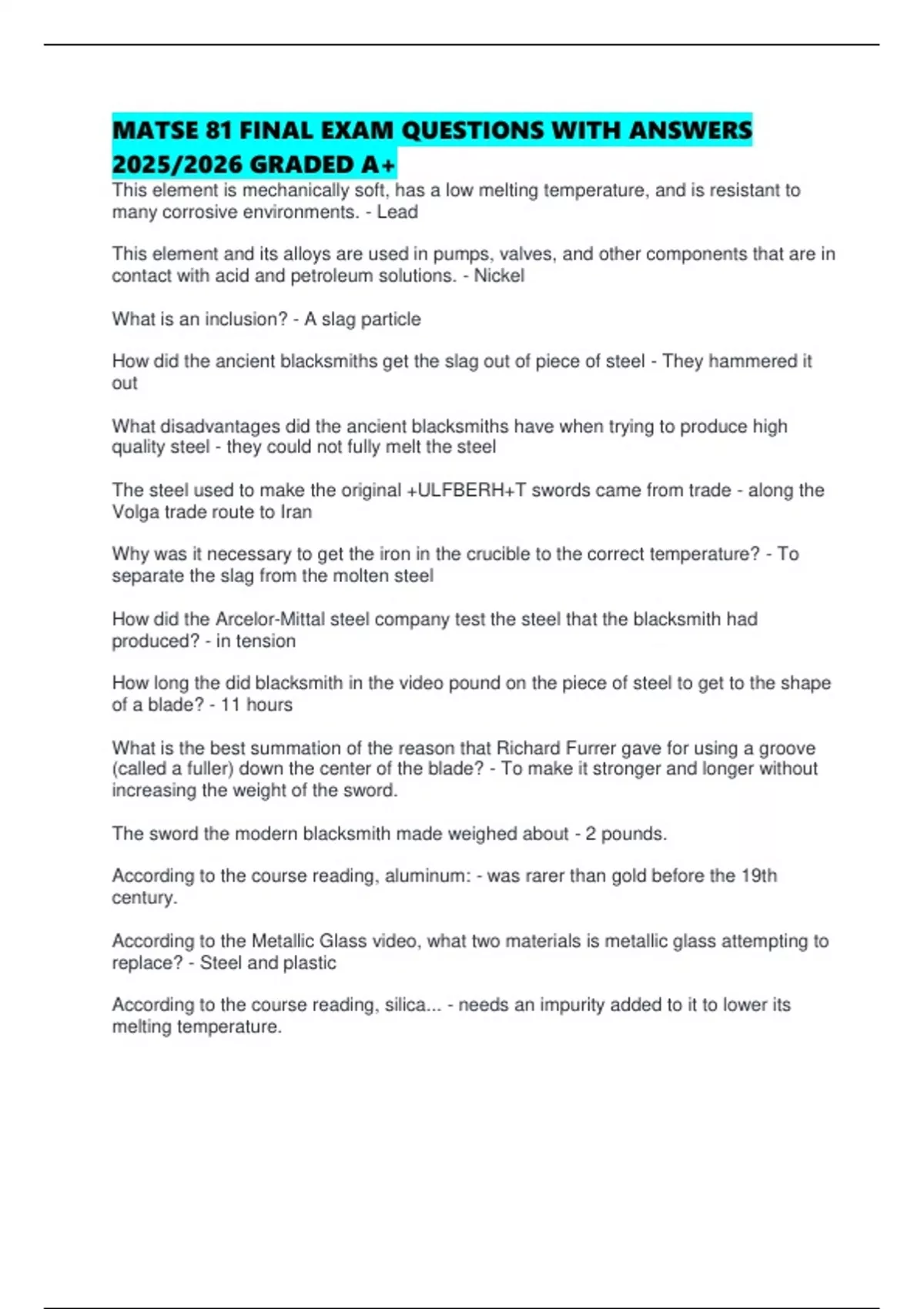 MATSE 81 FINAL EXAM QUESTIONS WITH ANSWERS 2025/2026 GRADED A+ - MATSE ...