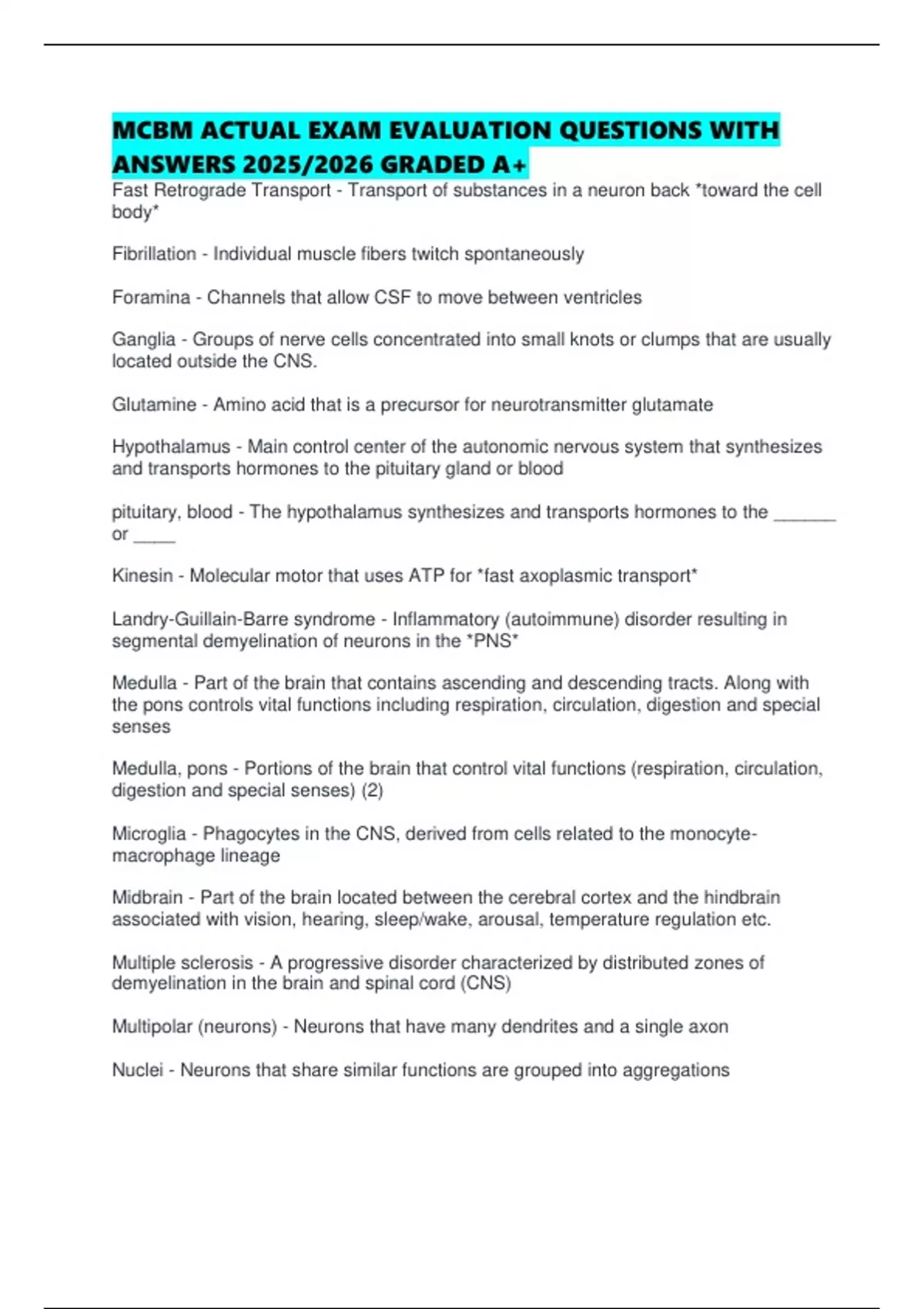 MCBM ACTUAL EXAM EVALUATION QUESTIONS WITH ANSWERS 2025/2026 GRADED A+ - MCBM - Stuvia US