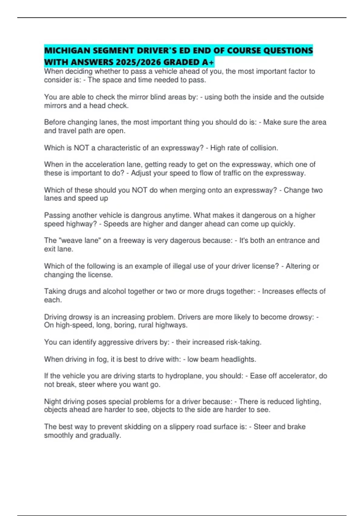 MICHIGAN SEGMENT 1 DRIVER'S ED EXAM QUESTIONS WITH ANSWERS 2025/2026 ...