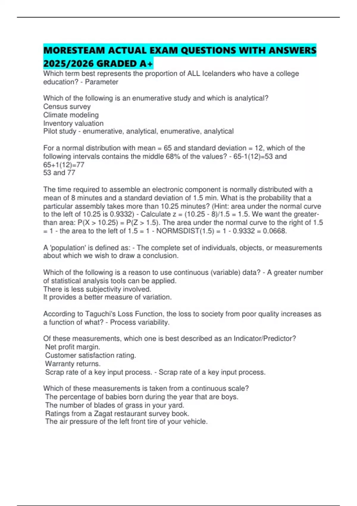 MORESTEAM ACTUAL EXAM QUESTIONS WITH ANSWERS 2025/2026 GRADED A+ ...
