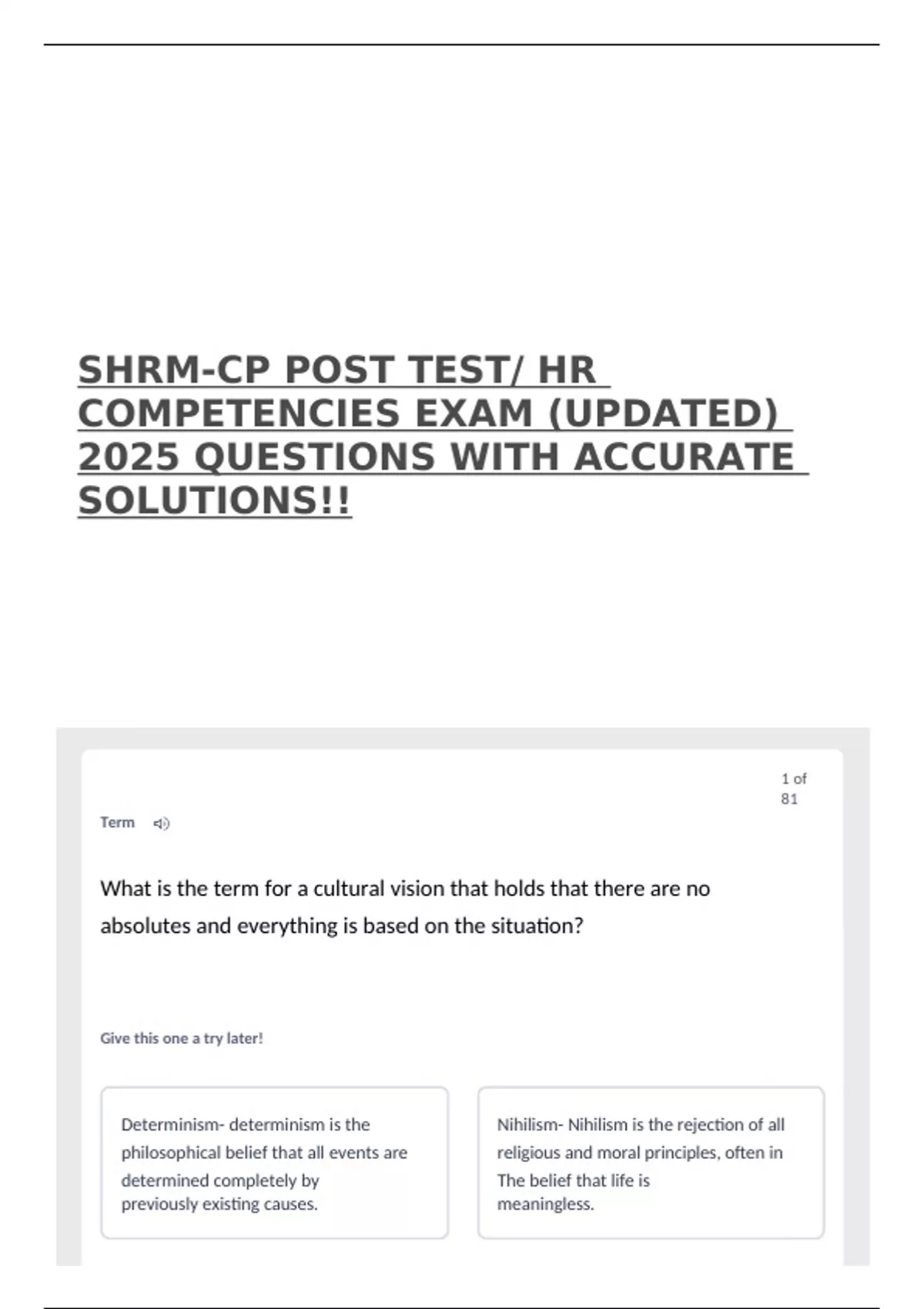 SHRM-CP POST TEST/ HR COMPETENCIES EXAM (UPDATED) 2025 QUESTIONS WITH ...