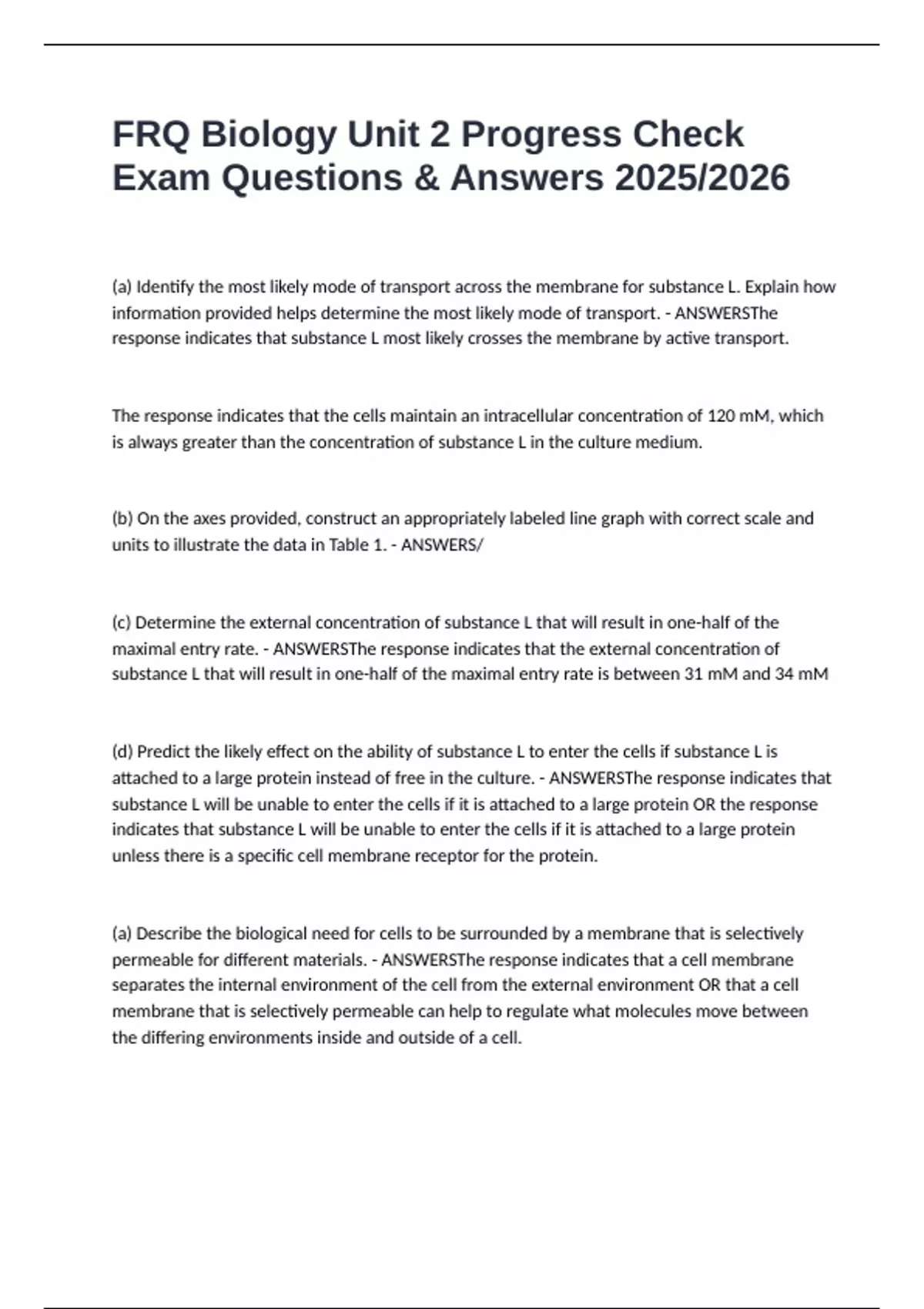 FRQ Biology Unit 2 Progress Check Exam Questions & Answers 2025/2026 ...