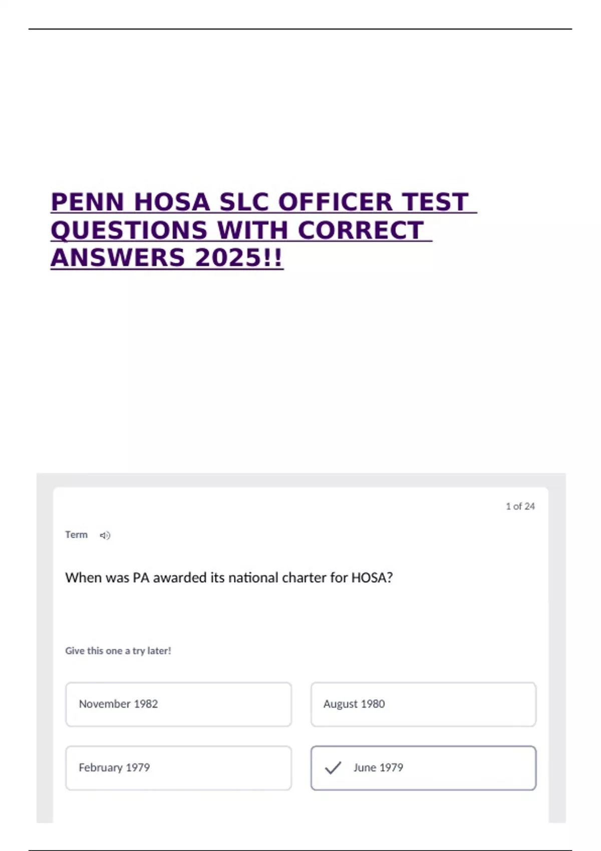 PENN HOSA SLC OFFICER TEST QUESTIONS WITH CORRECT ANSWERS 2025!! - PENN ...