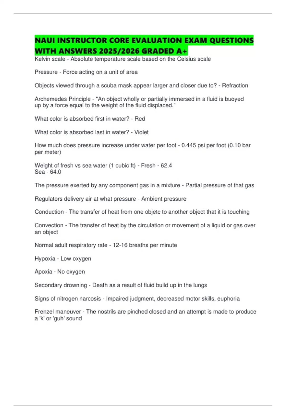 NAUI INSTRUCTOR CORE EVALUATION EXAM QUESTIONS WITH ANSWERS 2025/2026 ...