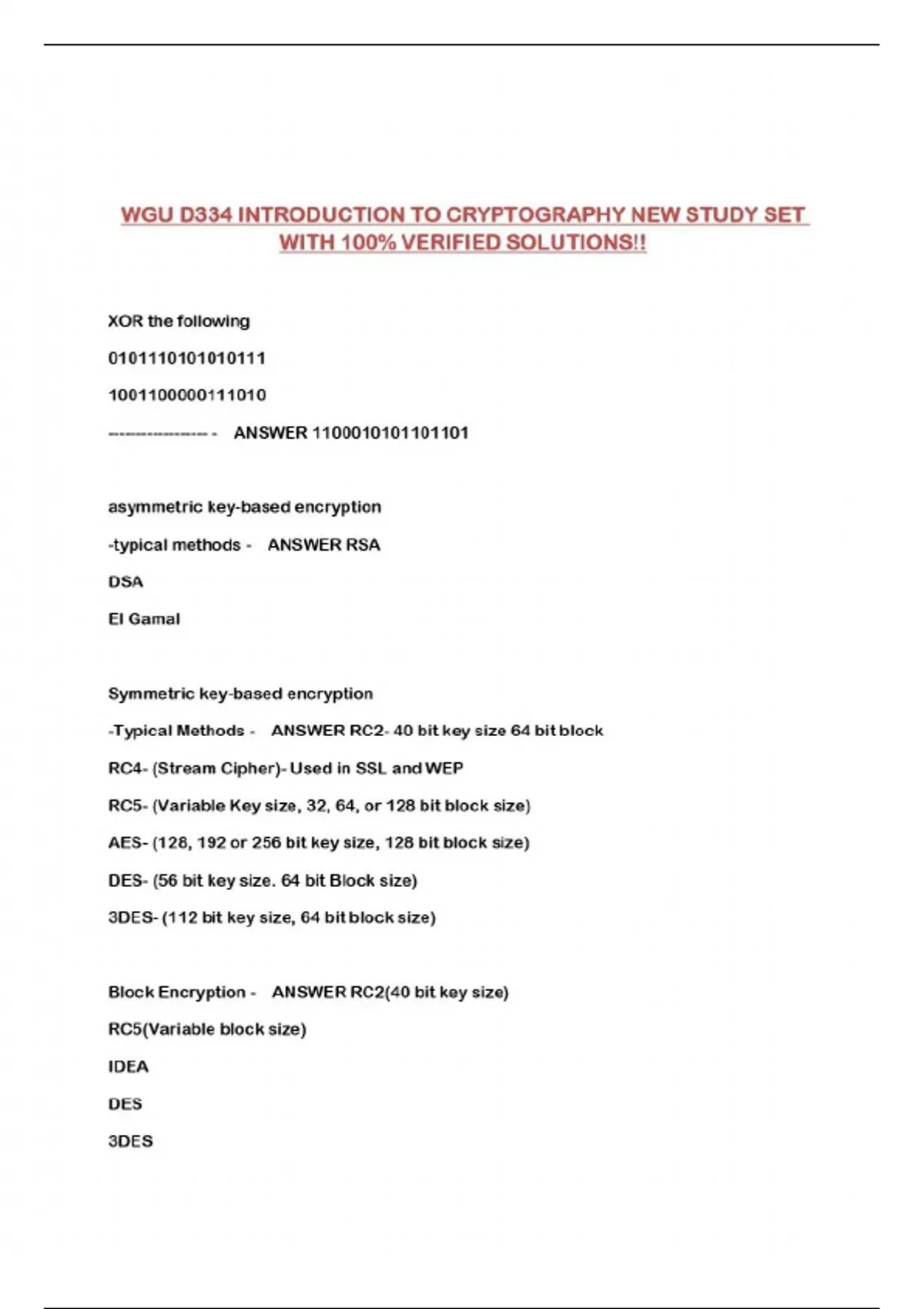 WGU D334 INTRODUCTION TO CRYPTOGRAPHY NEW STUDY SET WITH 100% VERIFIED SOLUTIONS!! - WGU D334 ...
