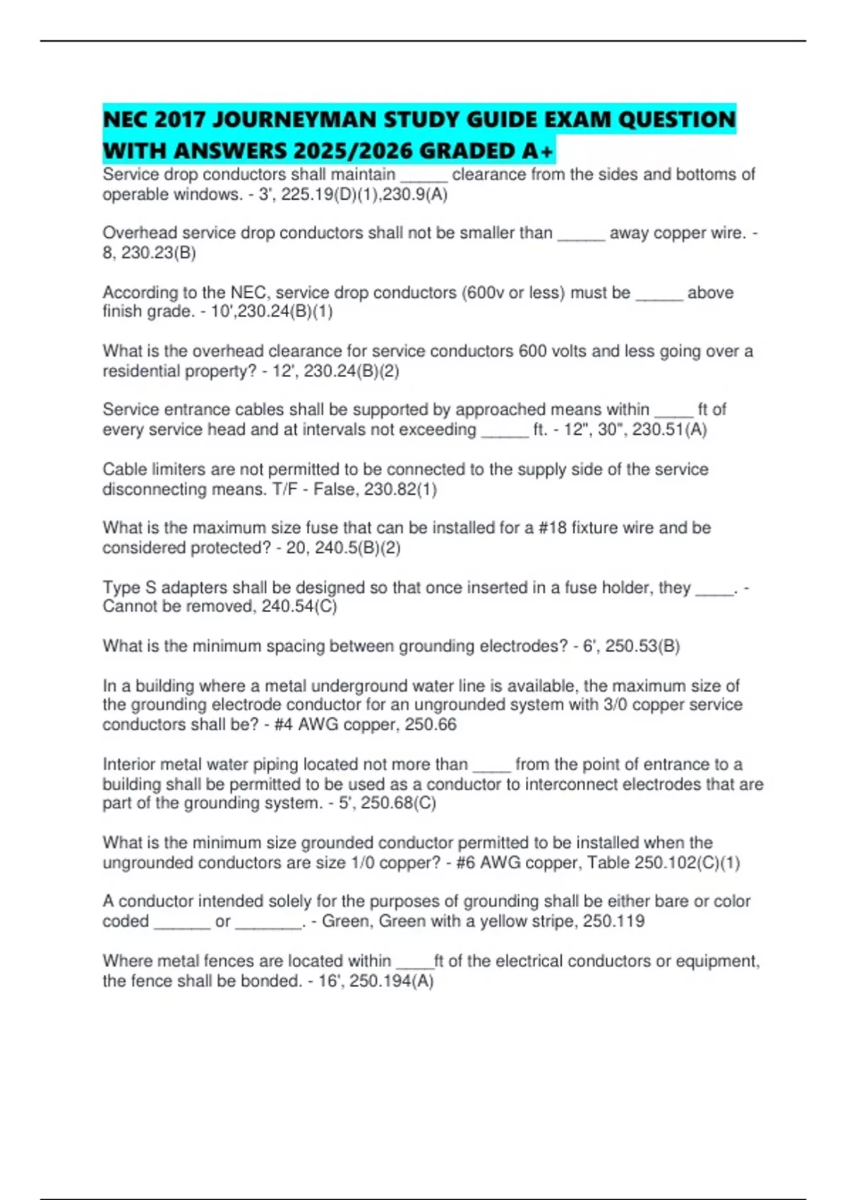 NEC 2017 JOURNEYMAN STUDY GUIDE EXAM QUESTION WITH ANSWERS 2025/2026 GRADED A+ - NEC - Stuvia US