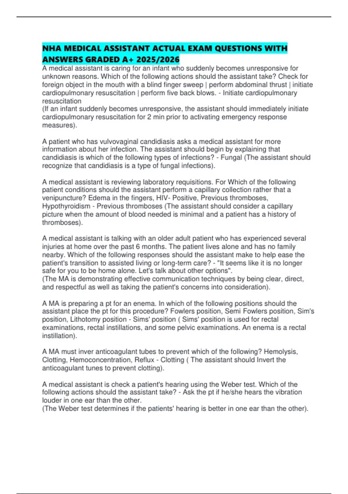 NHA MEDICAL ASSISTANT ACTUAL EXAM QUESTIONS WITH ANSWERS GRADED A+ 2025 ...