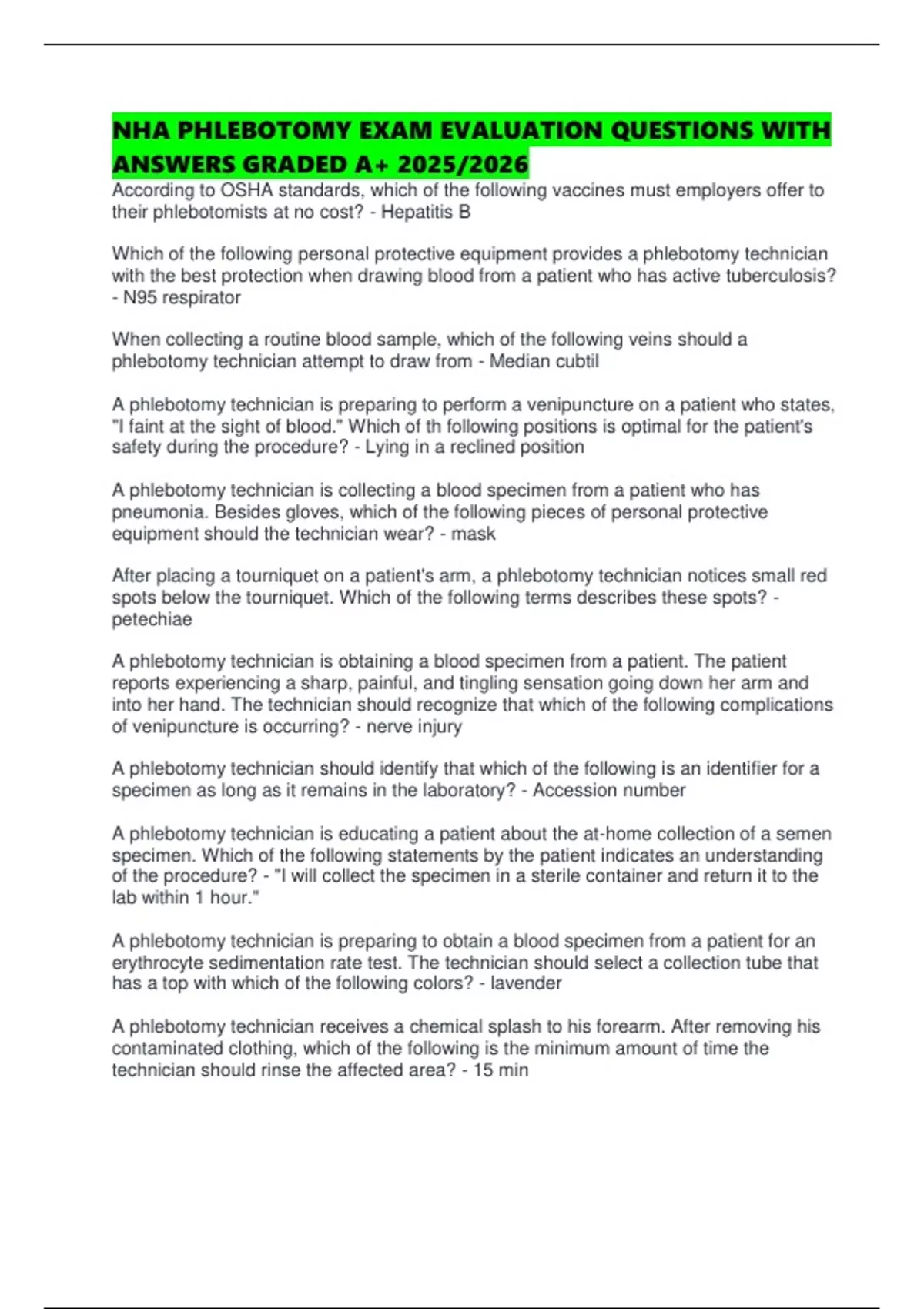 NHA PHLEBOTOMY EXAM EVALUATION QUESTIONS WITH ANSWERS GRADED A+ 2025/ ...