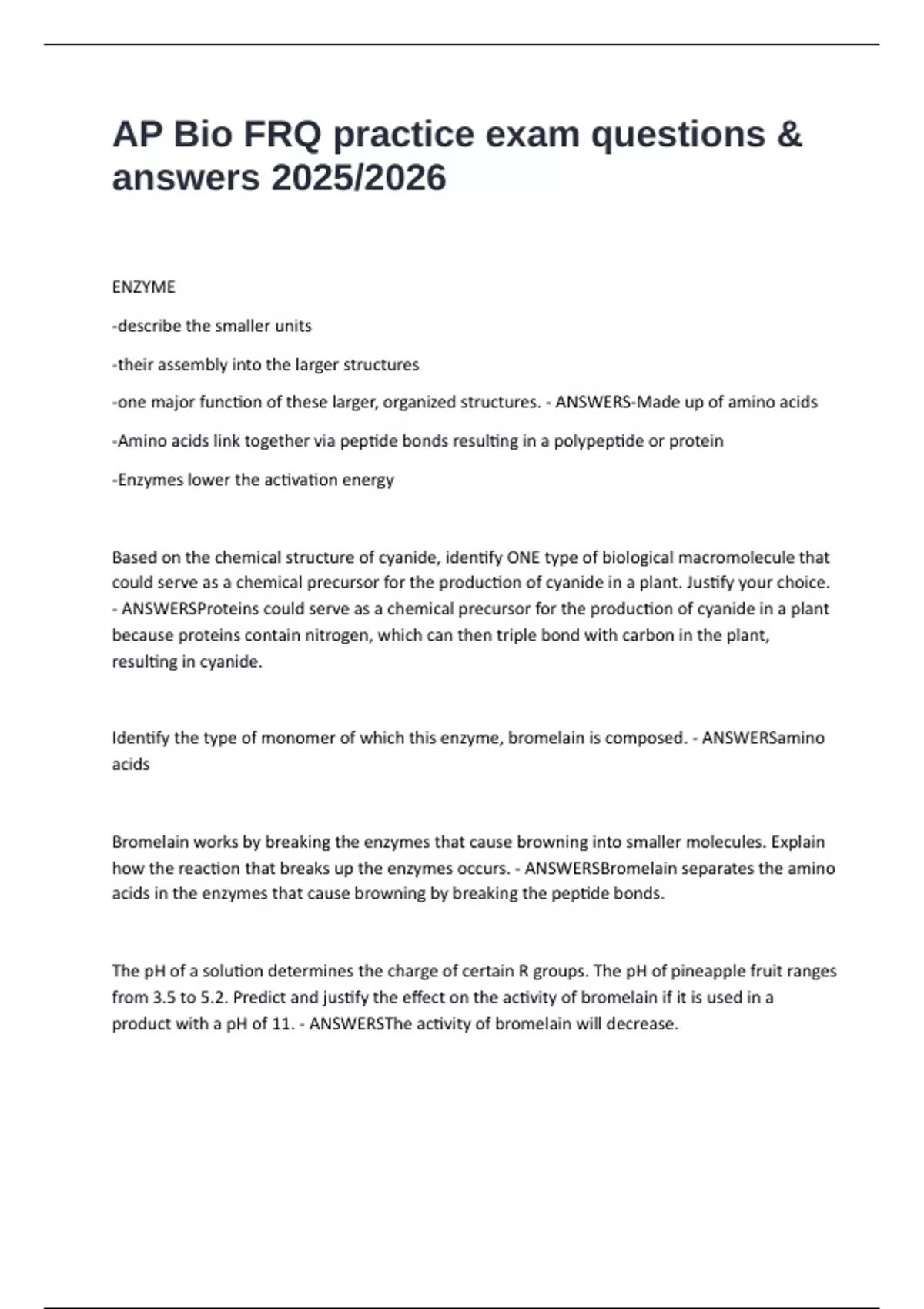 AP Bio FRQ practice exam questions & answers 2025/2026 - AP Bio FRQ ...