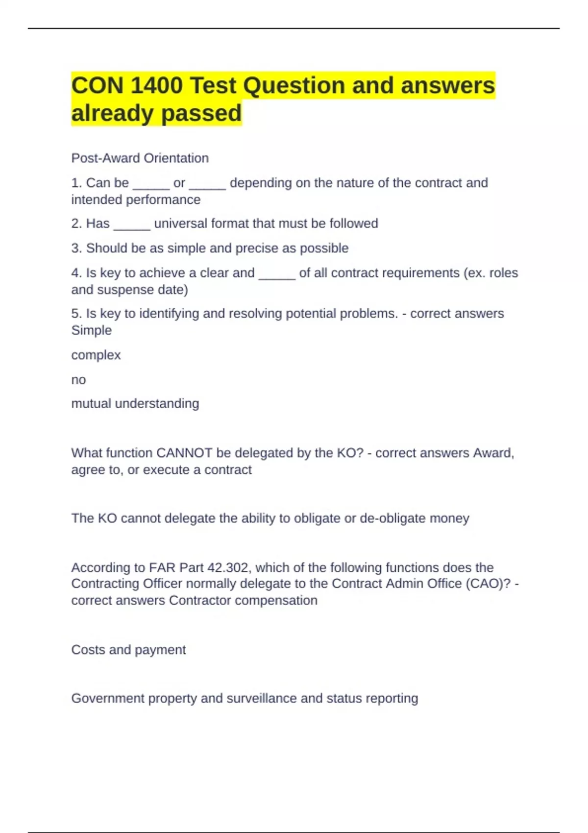 CON 1400 Test Question and answers already passed - CON - Stuvia US