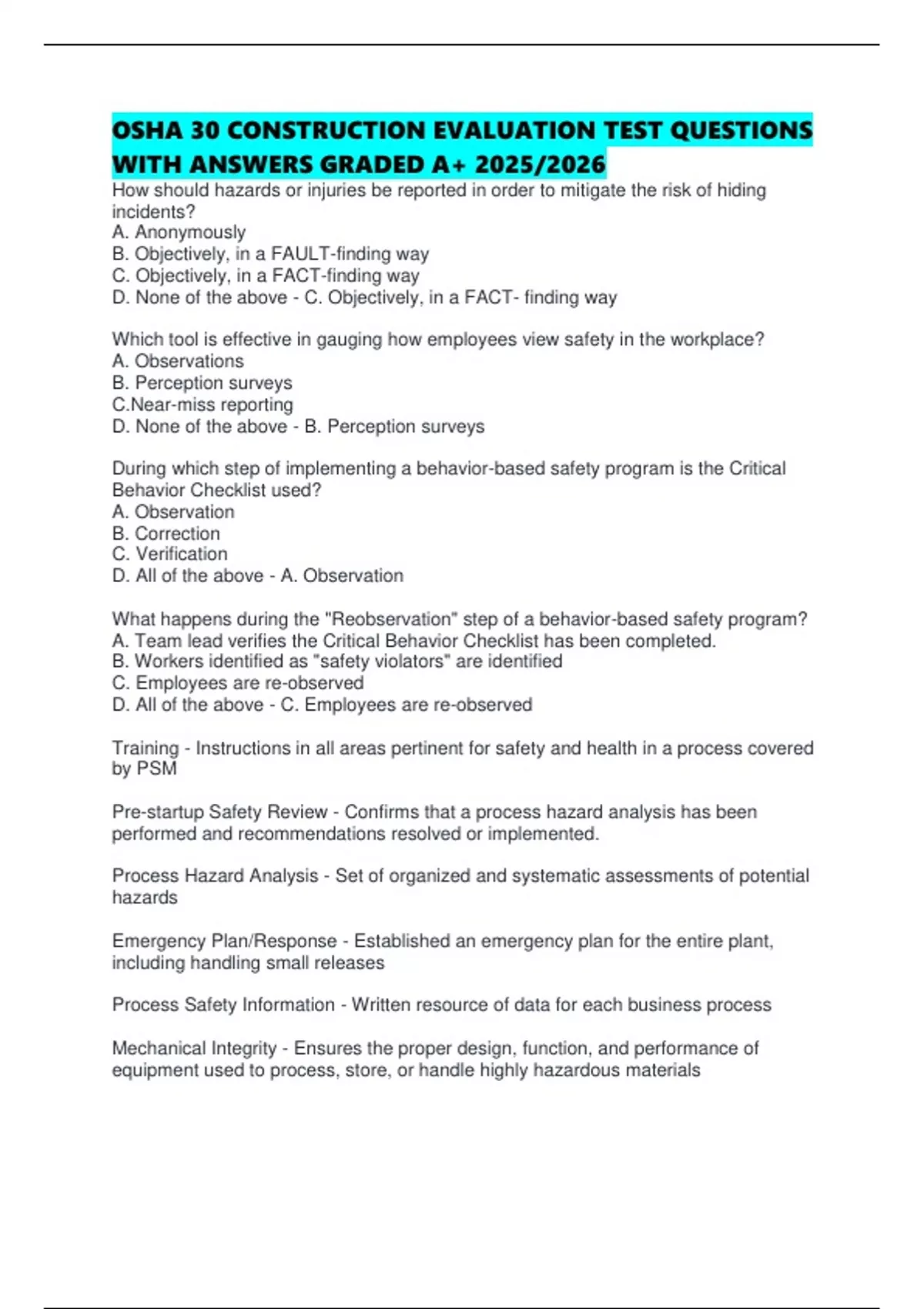 OSHA 30 CONSTRUCTION EVALUATION TEST QUESTIONS WITH ANSWERS GRADED A+ ...