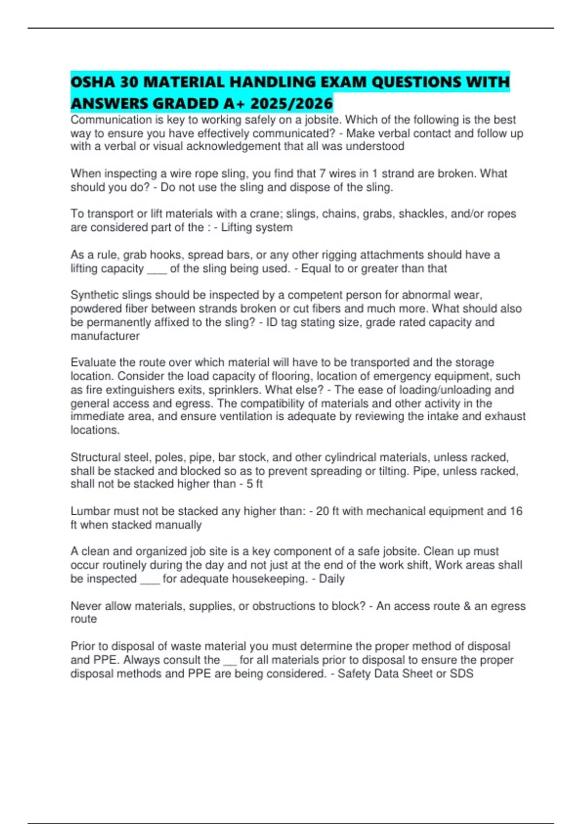 OSHA 30 MATERIAL HANDLING EXAM QUESTIONS WITH ANSWERS GRADED A+ 2025/ ...