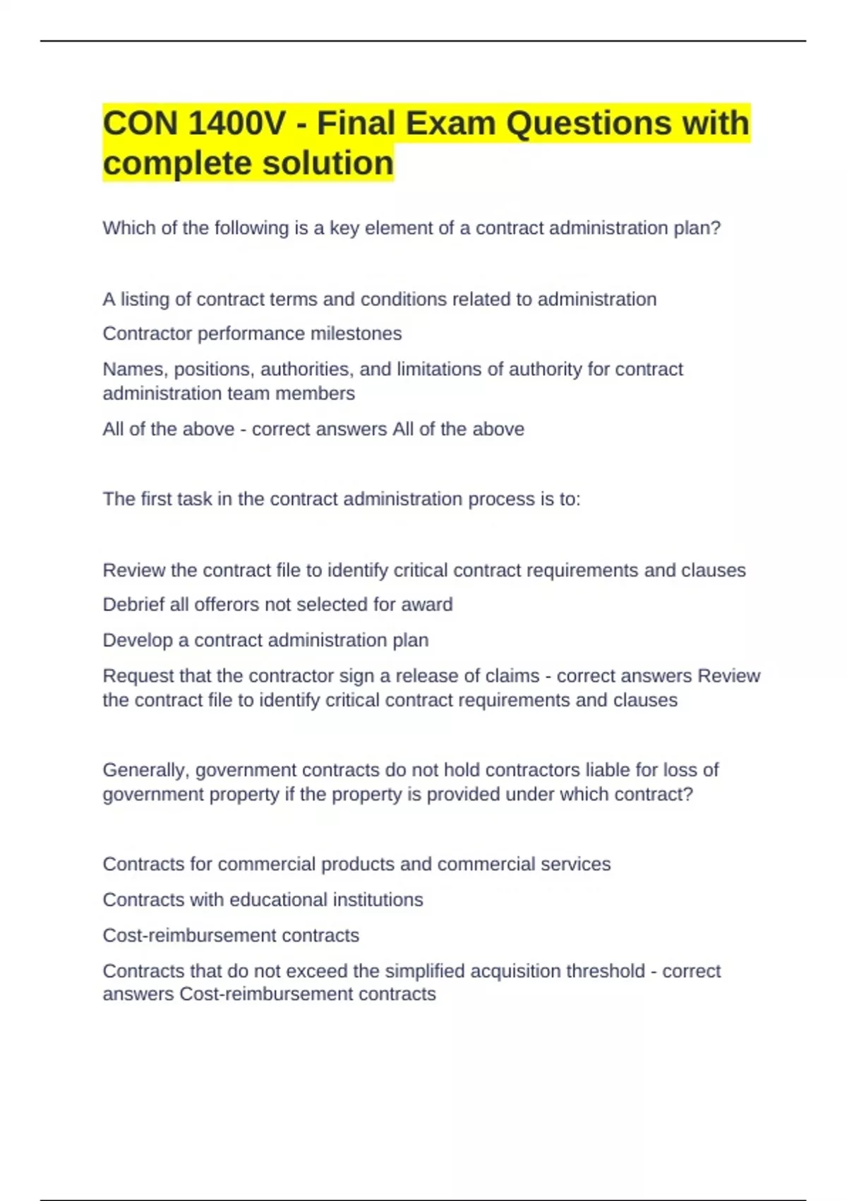 CON 1400V - Final Exam Questions with complete solution - CON - Stuvia US
