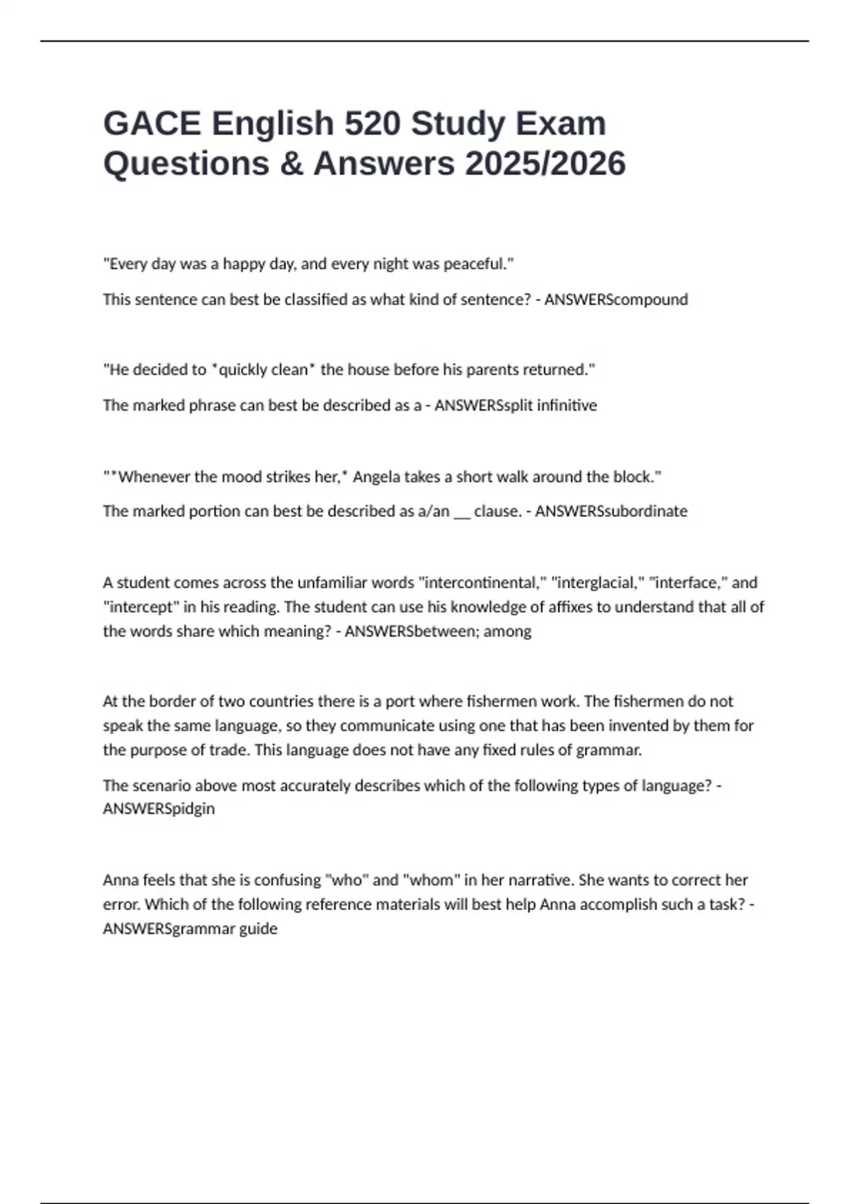 GACE English 520 Study Exam Questions & Answers 2025/2026 - GACE ...