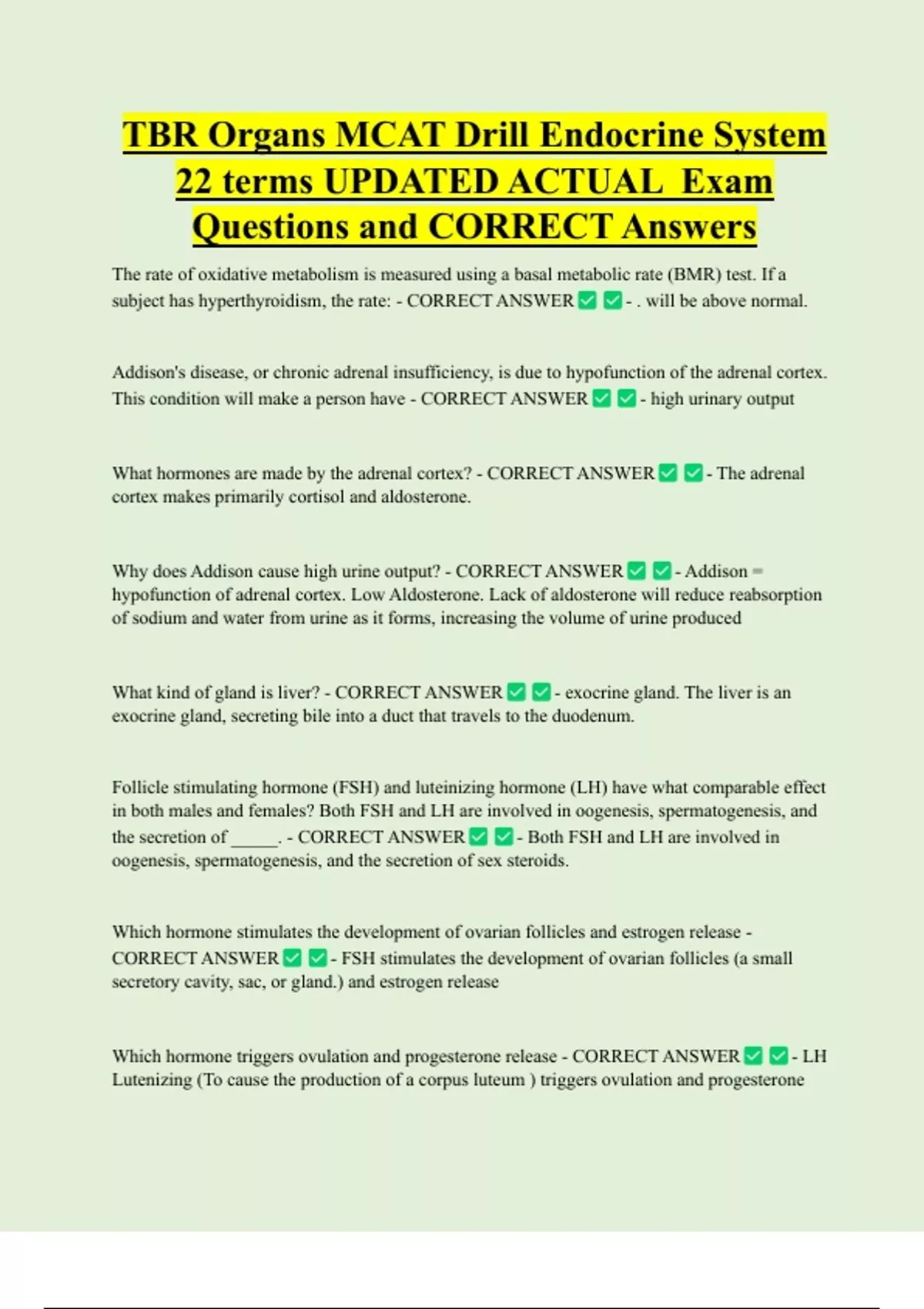 TBR Organs MCAT Drill Endocrine System 22 terms UPDATED ACTUAL Exam ...