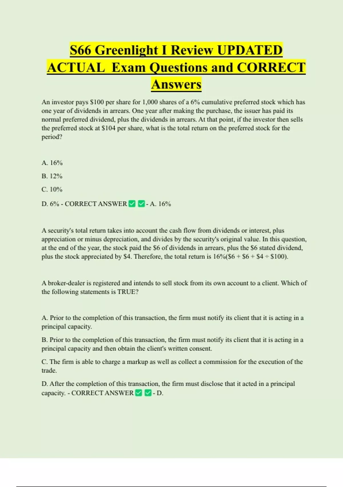 S66 Greenlight I Review UPDATED ACTUAL Exam Questions and CORRECT Answers - S66 - Stuvia US