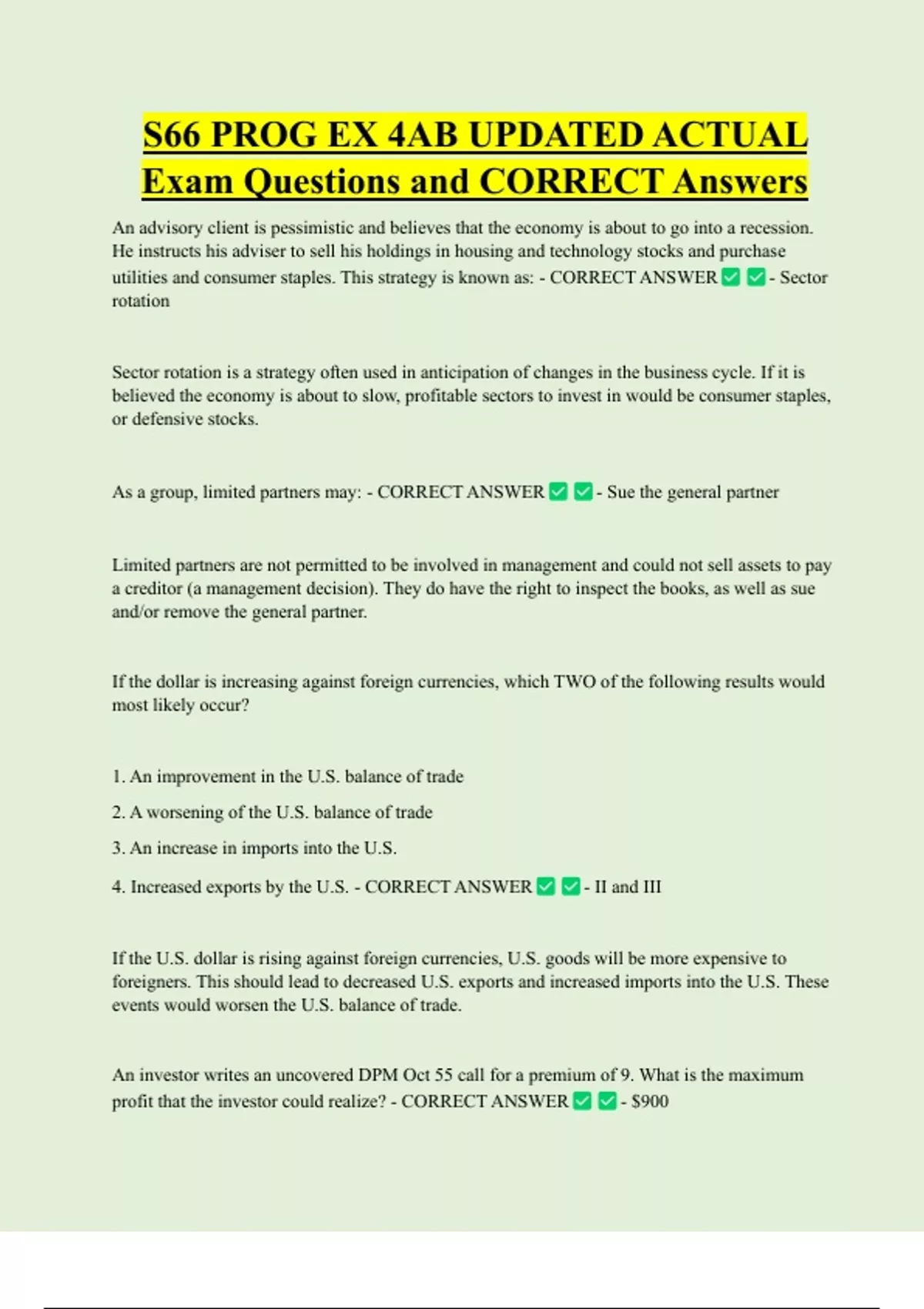 S66 PROG EX 4AB UPDATED ACTUAL Exam Questions and CORRECT Answers - S66 - Stuvia US