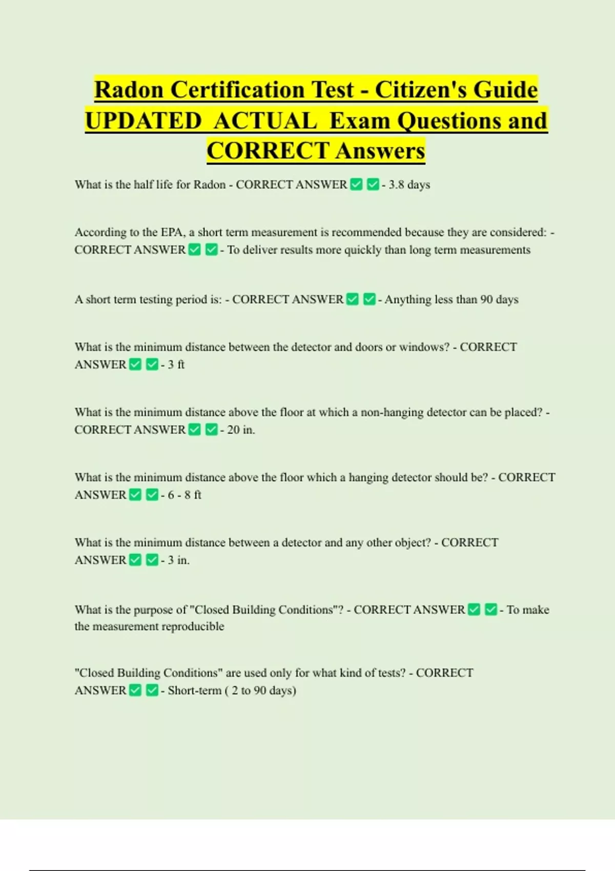 Radon Certification Test - Citizen's Guide UPDATED ACTUAL Exam ...