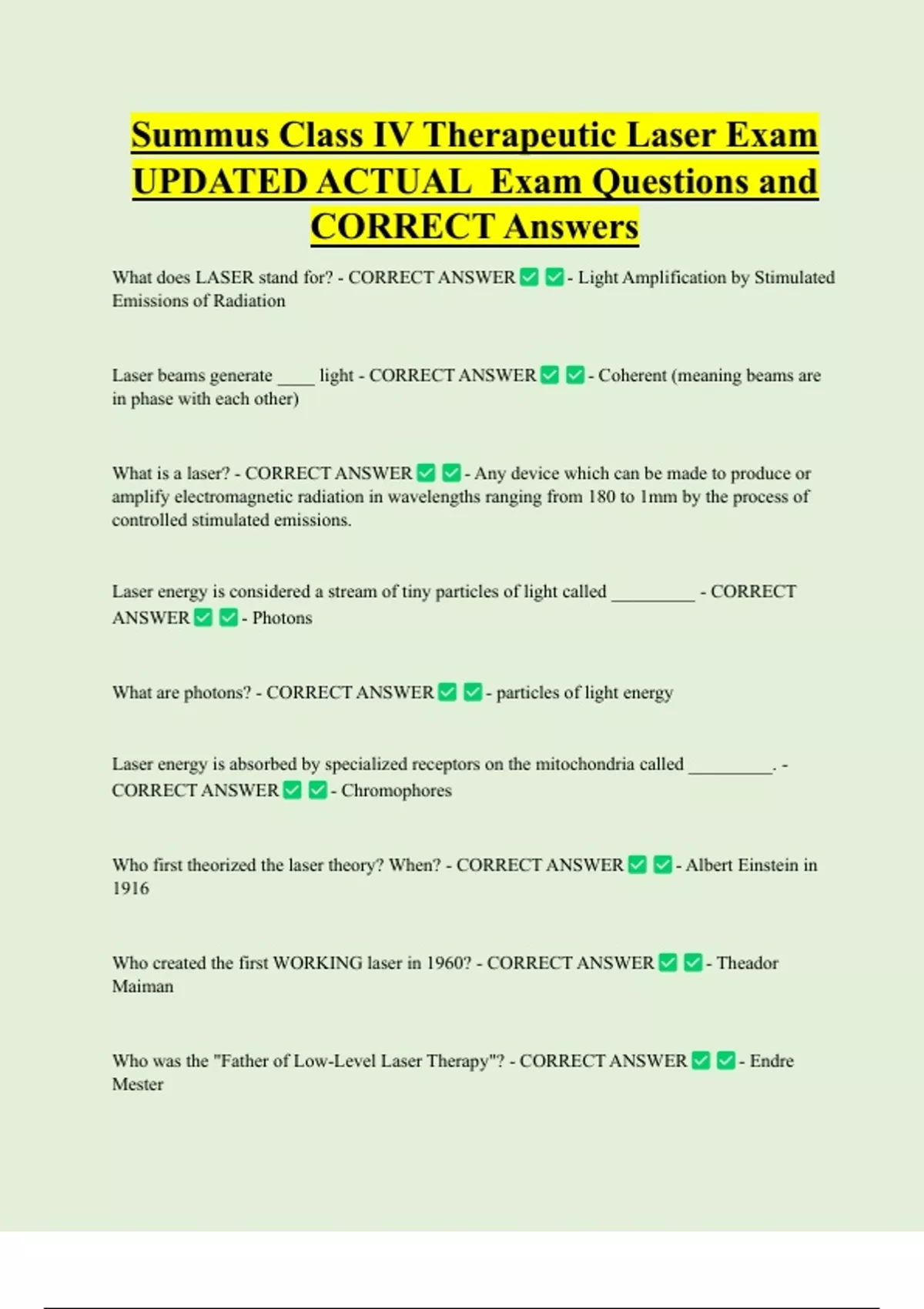 Summus Class IV Therapeutic Laser Exam UPDATED ACTUAL Exam Questions ...
