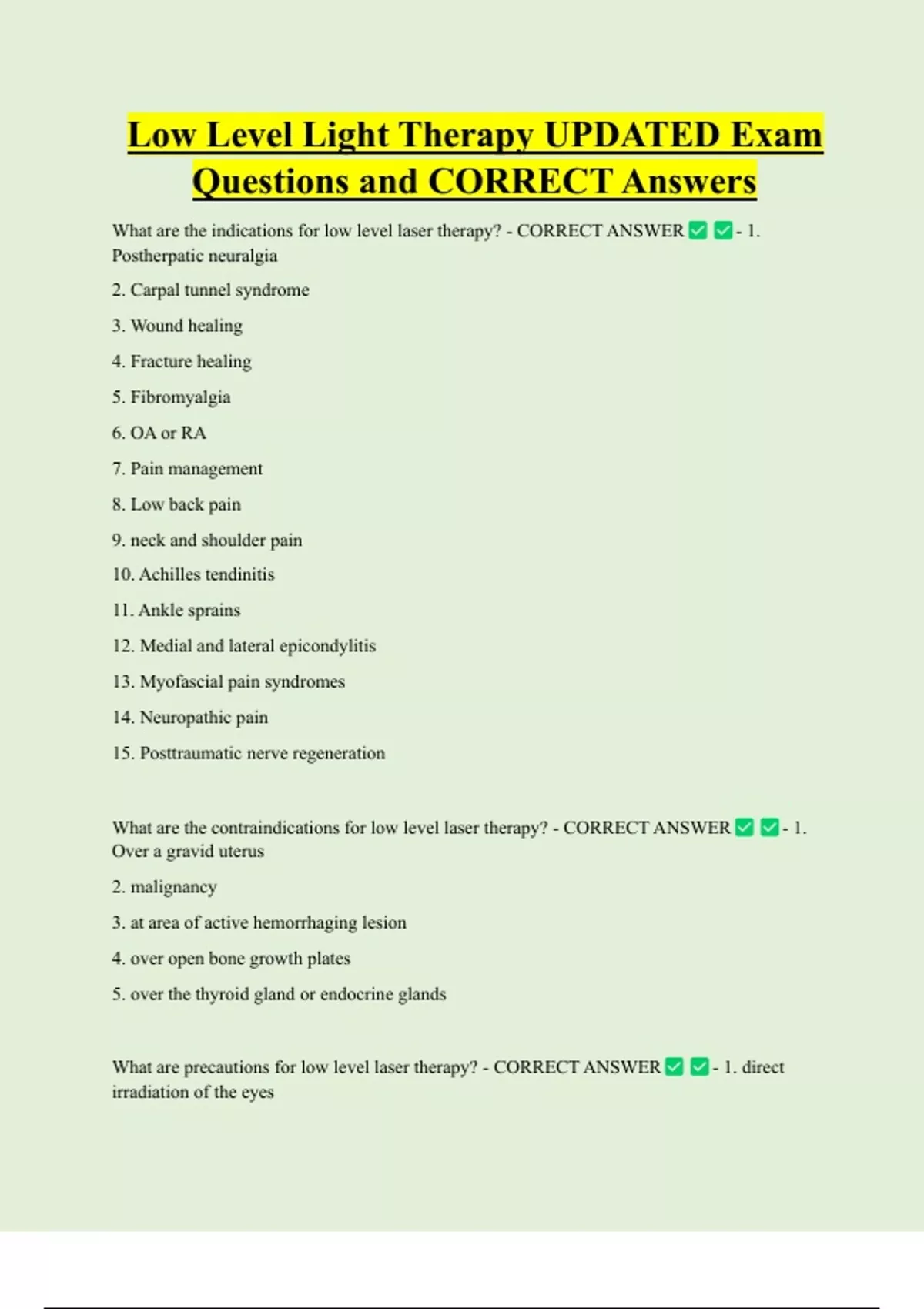 Low Level Light Therapy UPDATED Exam Questions and CORRECT Answers ...