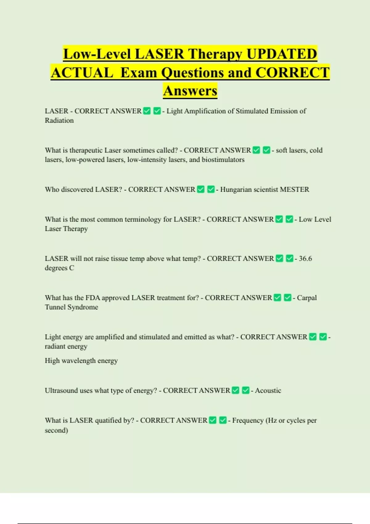 Low-Level LASER Therapy UPDATED ACTUAL Exam Questions and CORRECT ...
