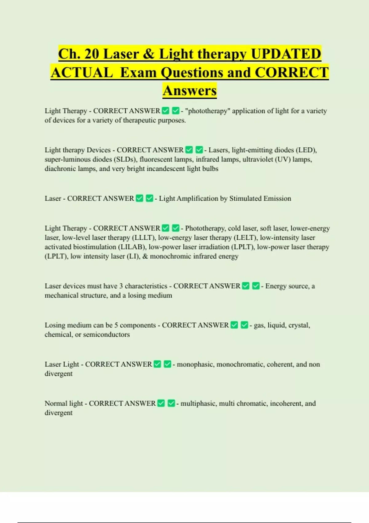 Ch. 20 Laser & Light therapy UPDATED ACTUAL Exam Questions and CORRECT ...