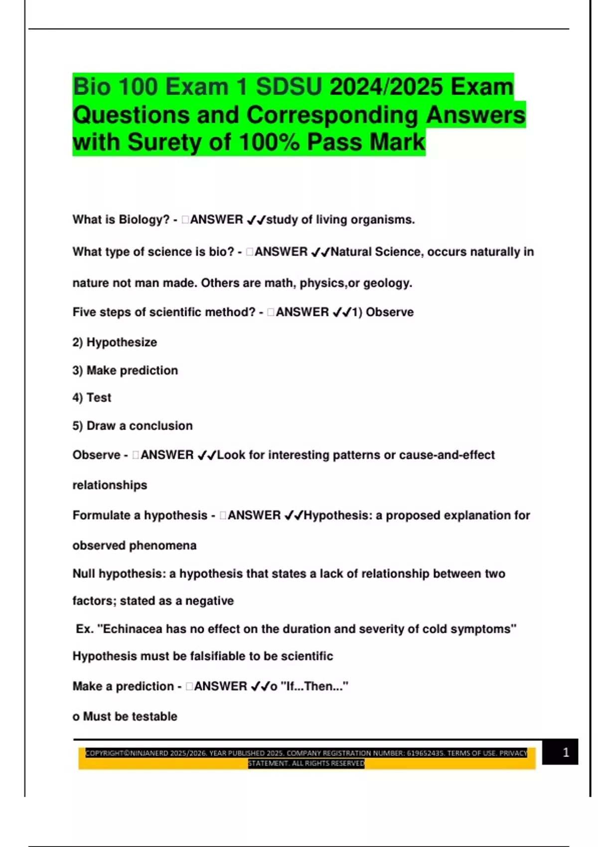 Bio 100 Exam 1 SDSU 2024/2025 Exam Questions and Corresponding Answers ...