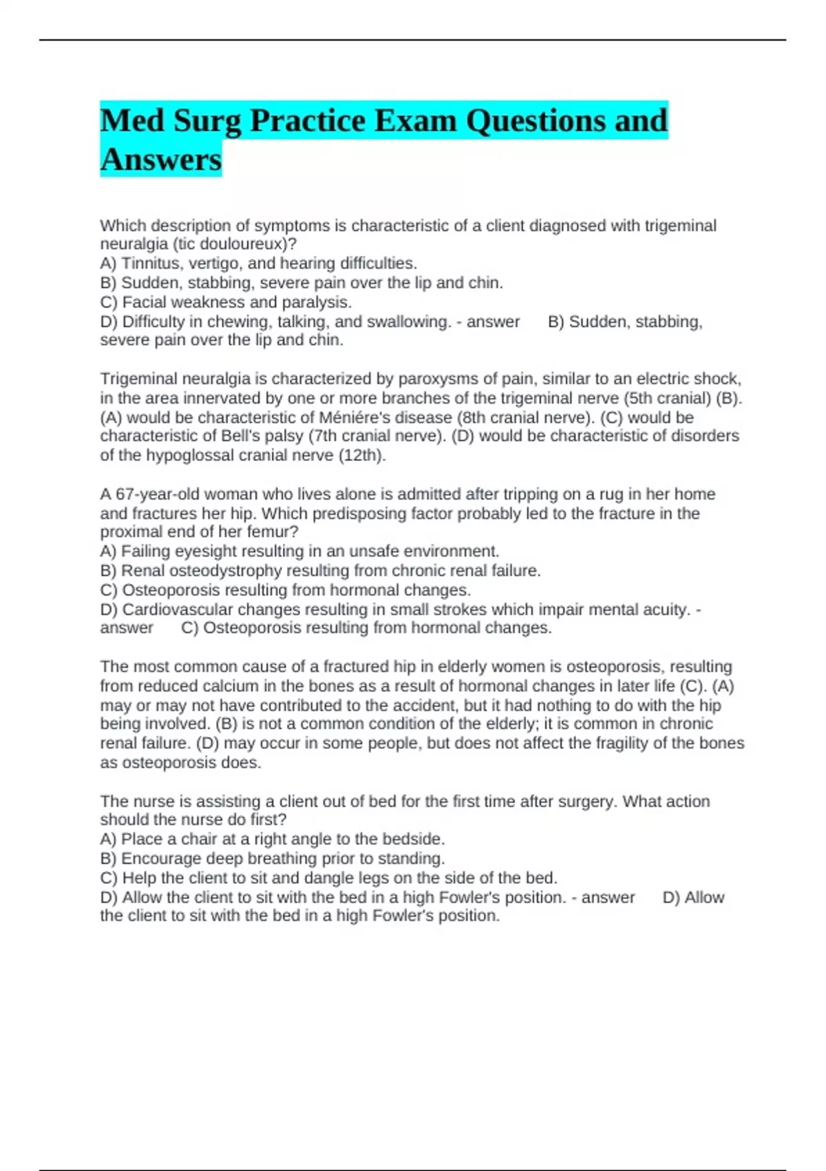 Med Surg Practice Exam Questions and Answers - MED SURG - Stuvia US
