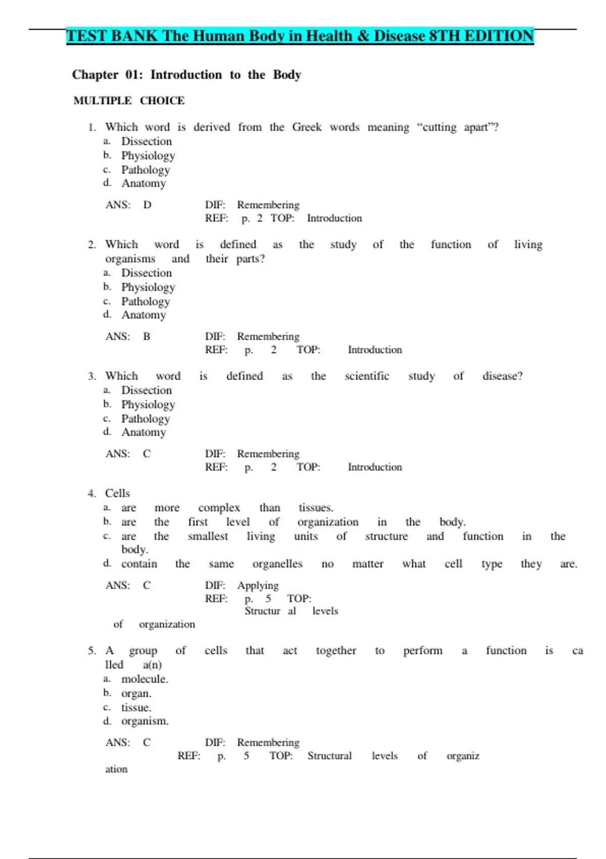 TEST BANK The Human Body in Health & Disease 8TH EDITION - Human Body ...