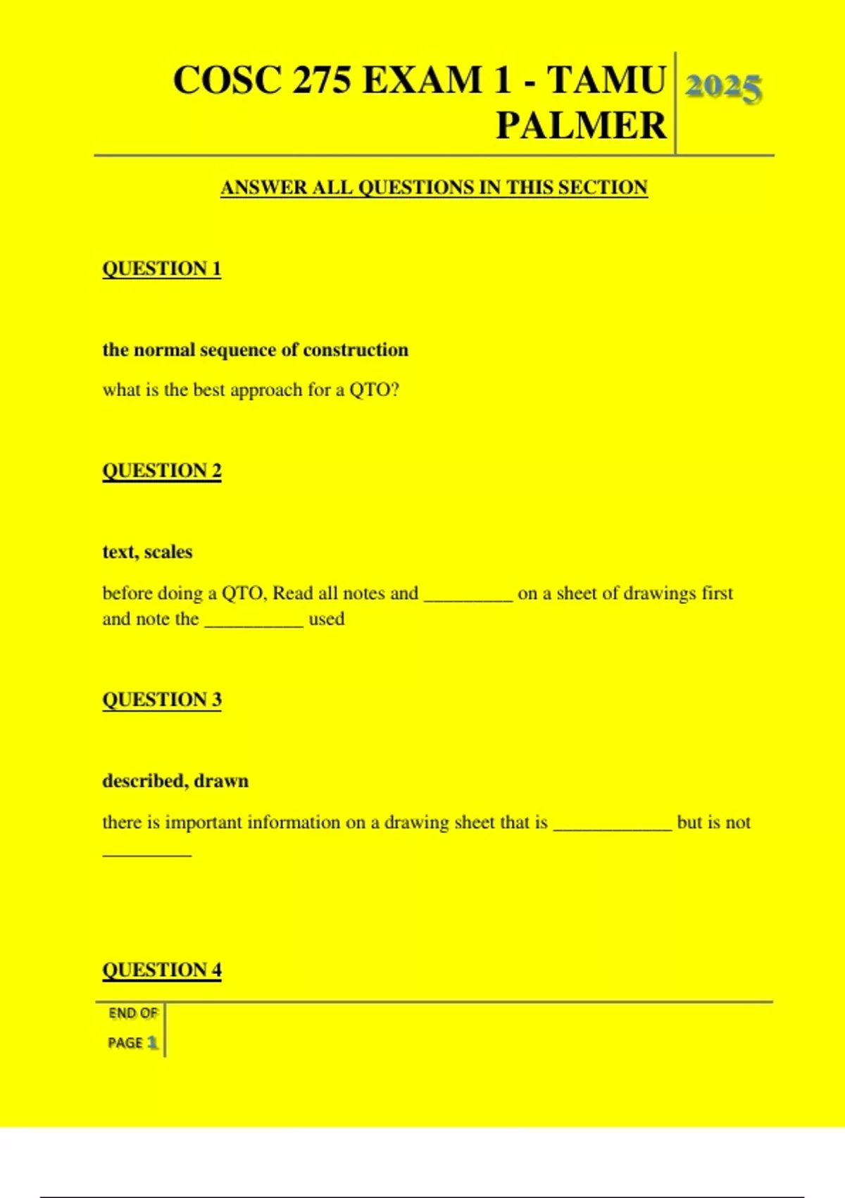 COSC 275 EXAM 1 - TAMU PALMER QUESTIONS AND ANSWERS 2025 - COSC 275 TAMU PALMER - Stuvia US