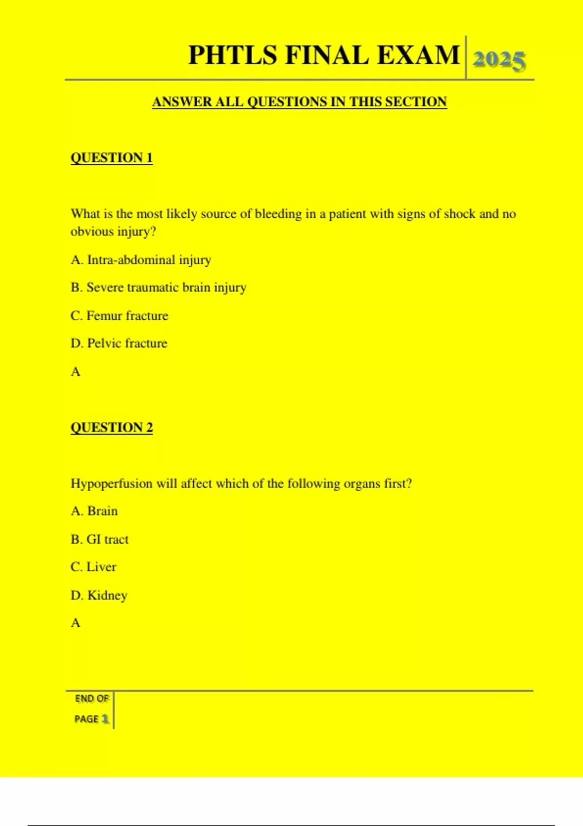 PHTLS FINAL EXAM QUESTIONS AND ANSWERS 2025 - PHTLS - Stuvia US