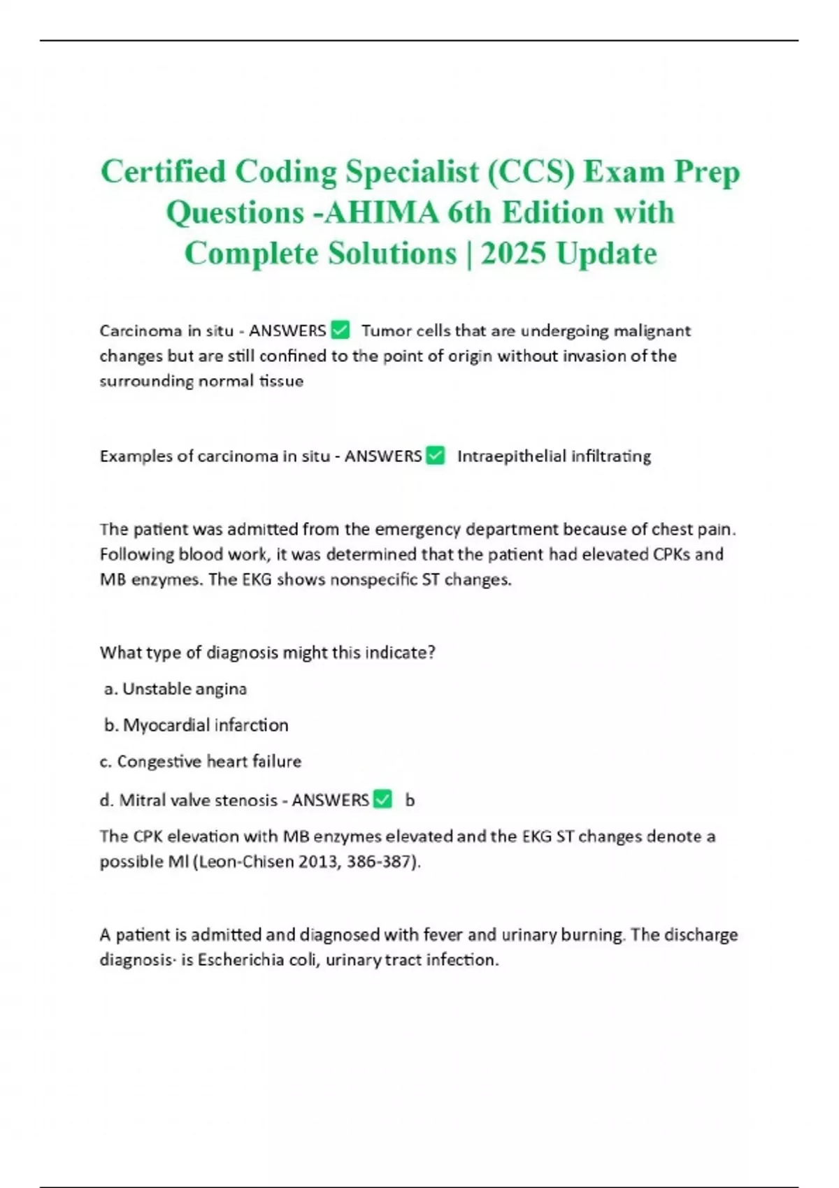 Certified Coding Specialist (CCS) Exam Prep Questions -AHIMA 6th Edition with Complete Solutions ...