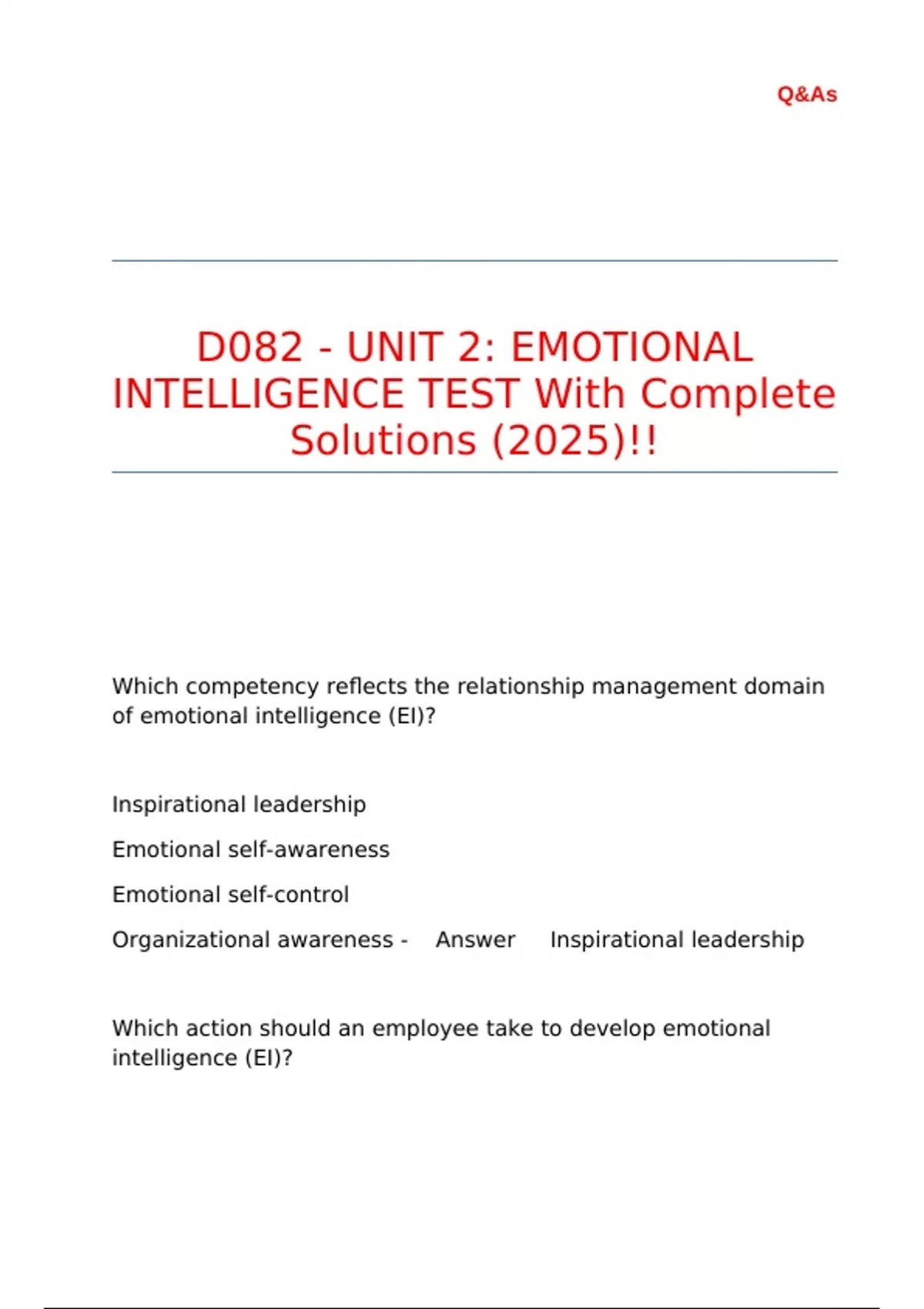 D082 - UNIT 2 EMOTIONAL INTELLIGENCE TEST With Complete Solutions (2025 ...