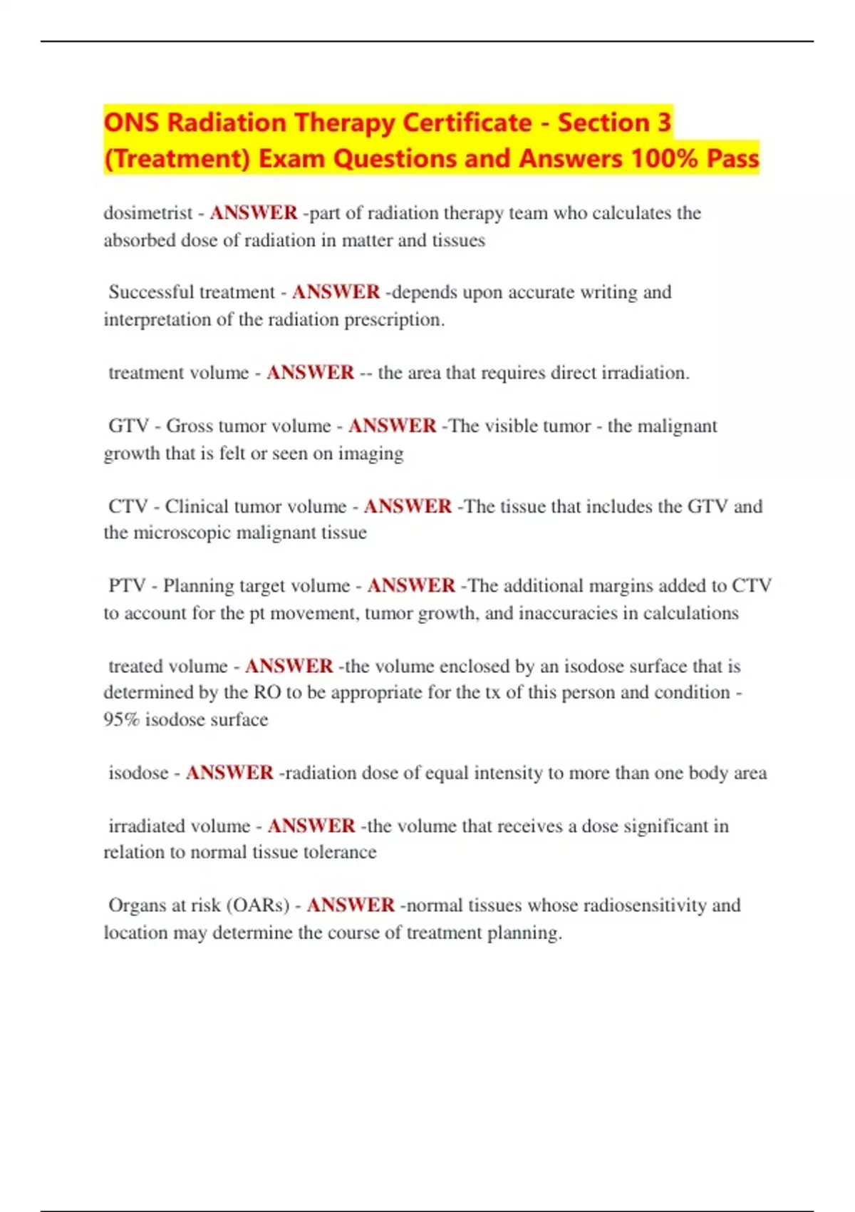 ONS Radiation Therapy Certificate - Section 3 (Treatment) Exam ...
