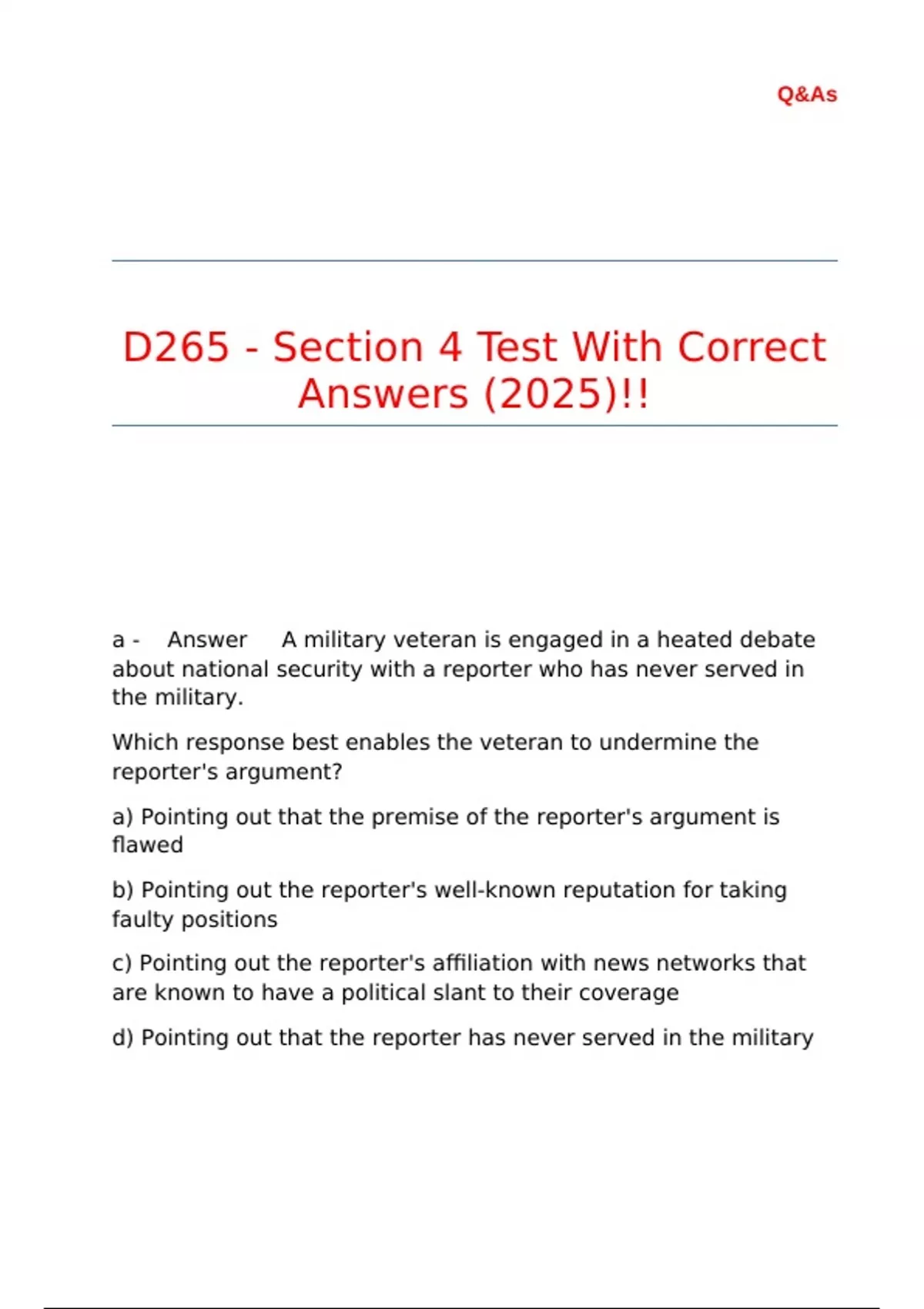 D265 - Section 4 Test With Correct Answers (2025)!! - D265 - Stuvia US